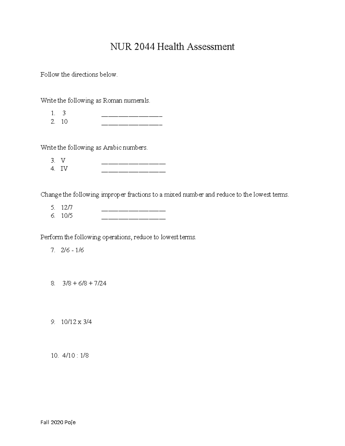 NUR 2044 Basic Math Practice Sheet for Health Assessment - Studocu