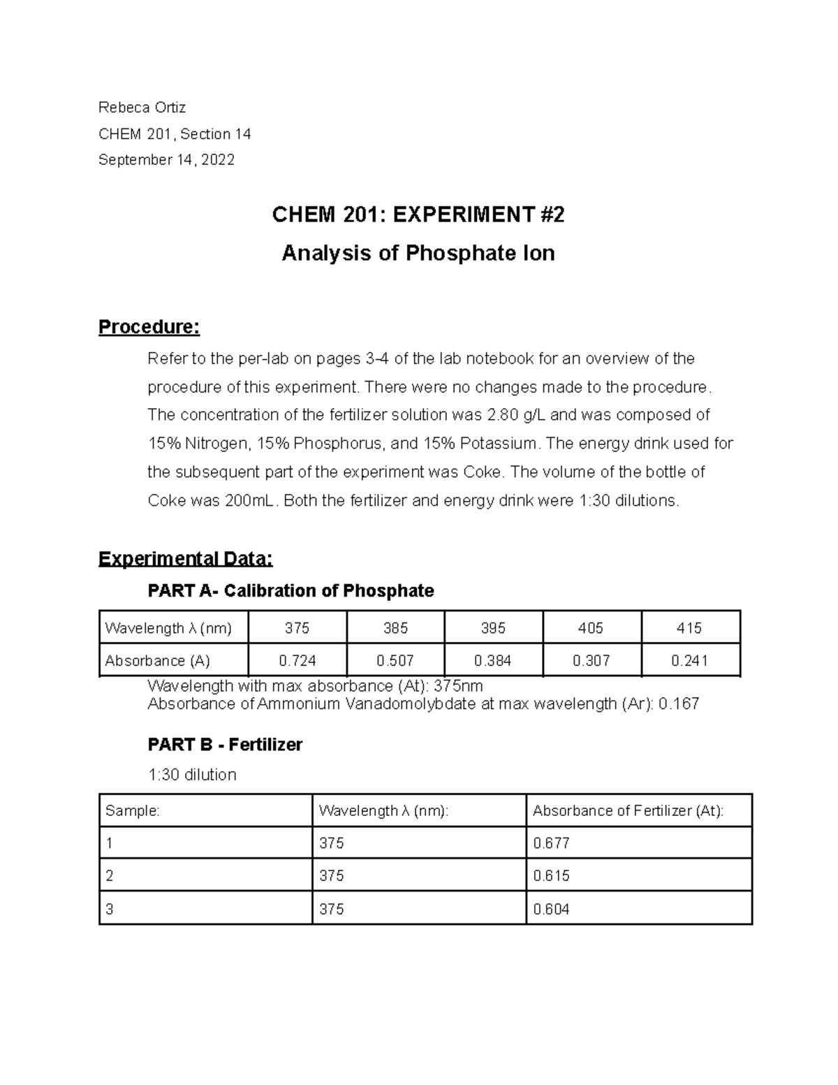 CHEM 201 Lab Report: Analysis of Phosphate Ion in Fertilizer & Coke ...