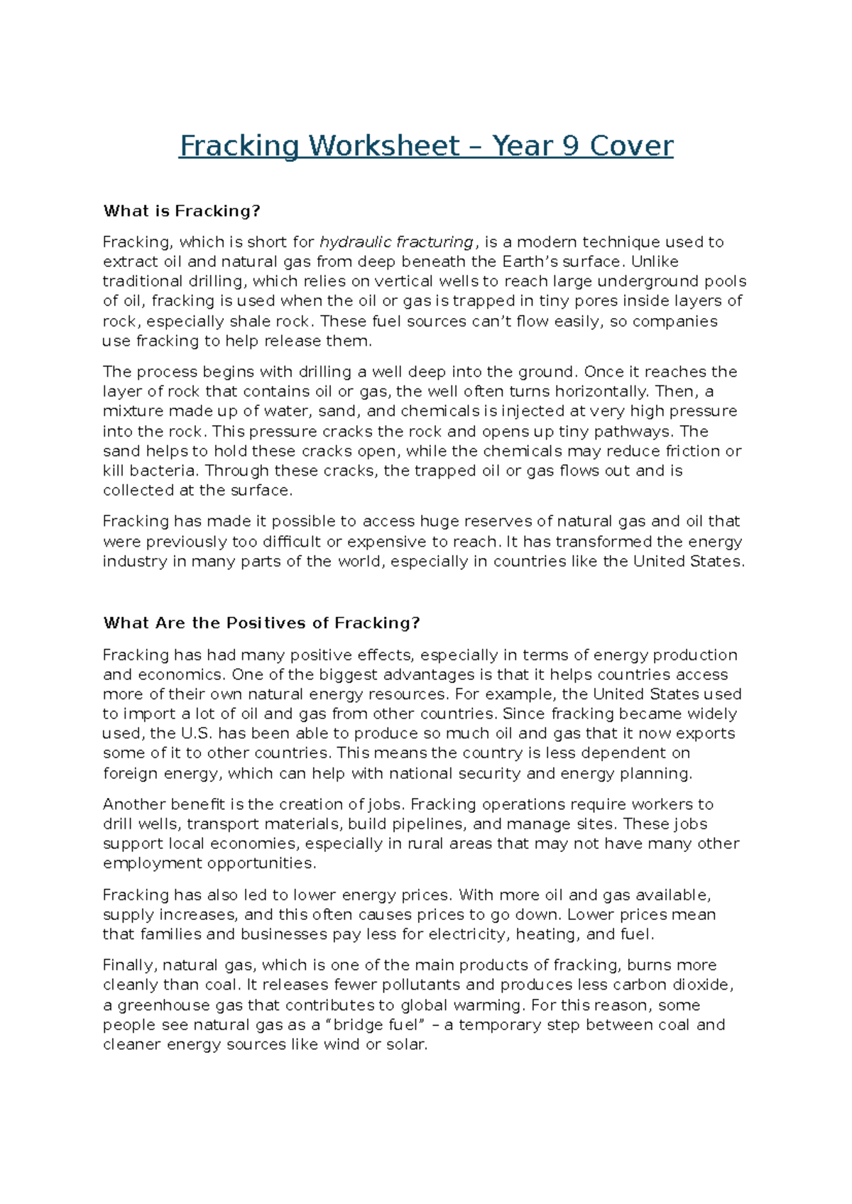 Fracking Worksheet Year 9: Understanding Hydraulic Fracturing - Studocu