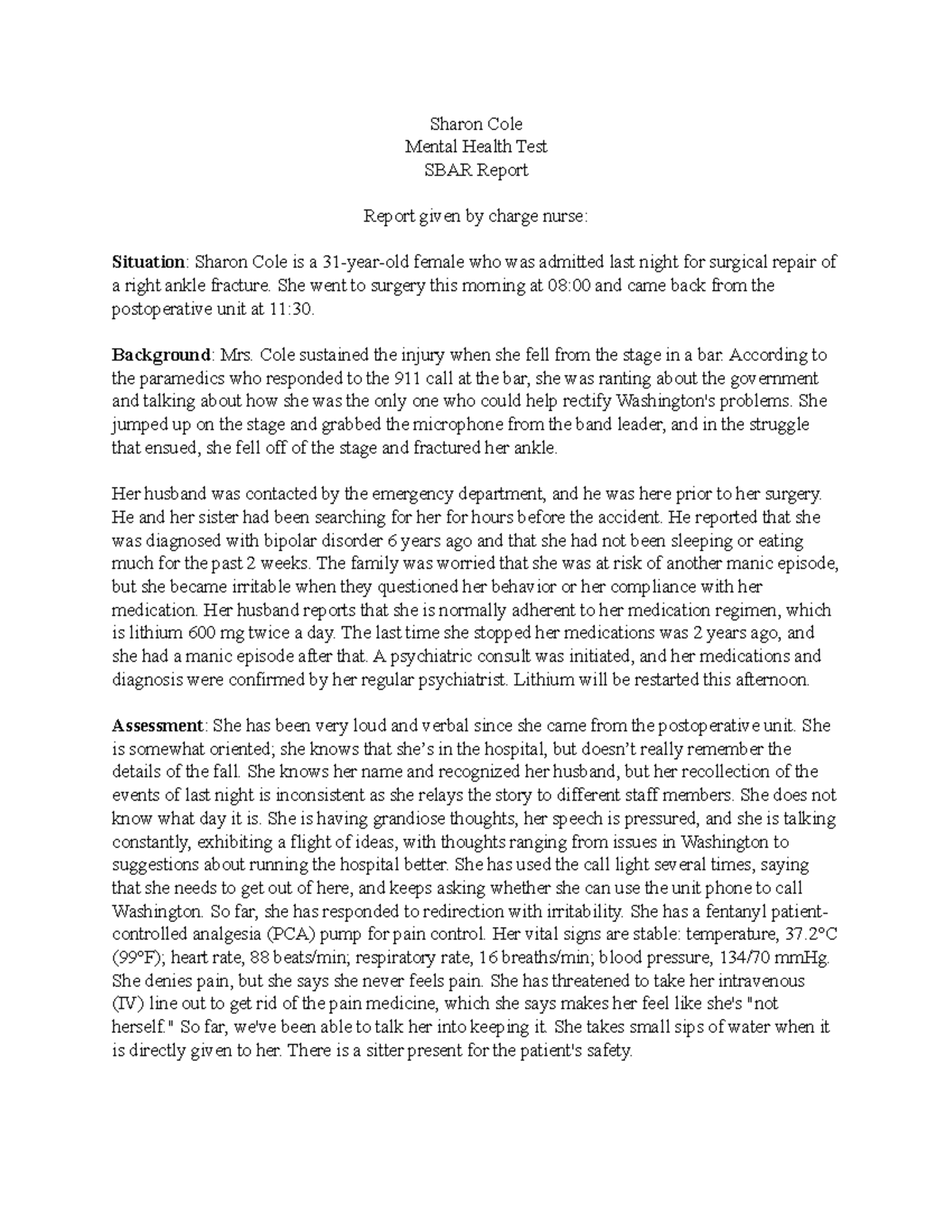 Sharon Cole SBAR Report - Mental Health Assessment for VSIM - Studocu
