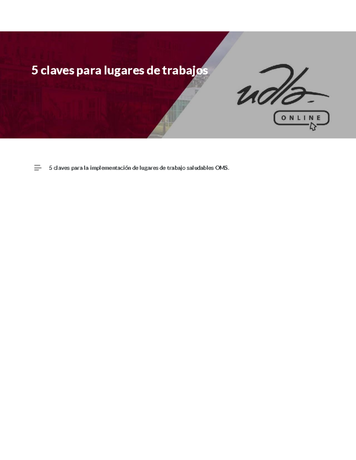 5 Claves para la Implementación de Lugares de Trabajo Saludables - Studocu