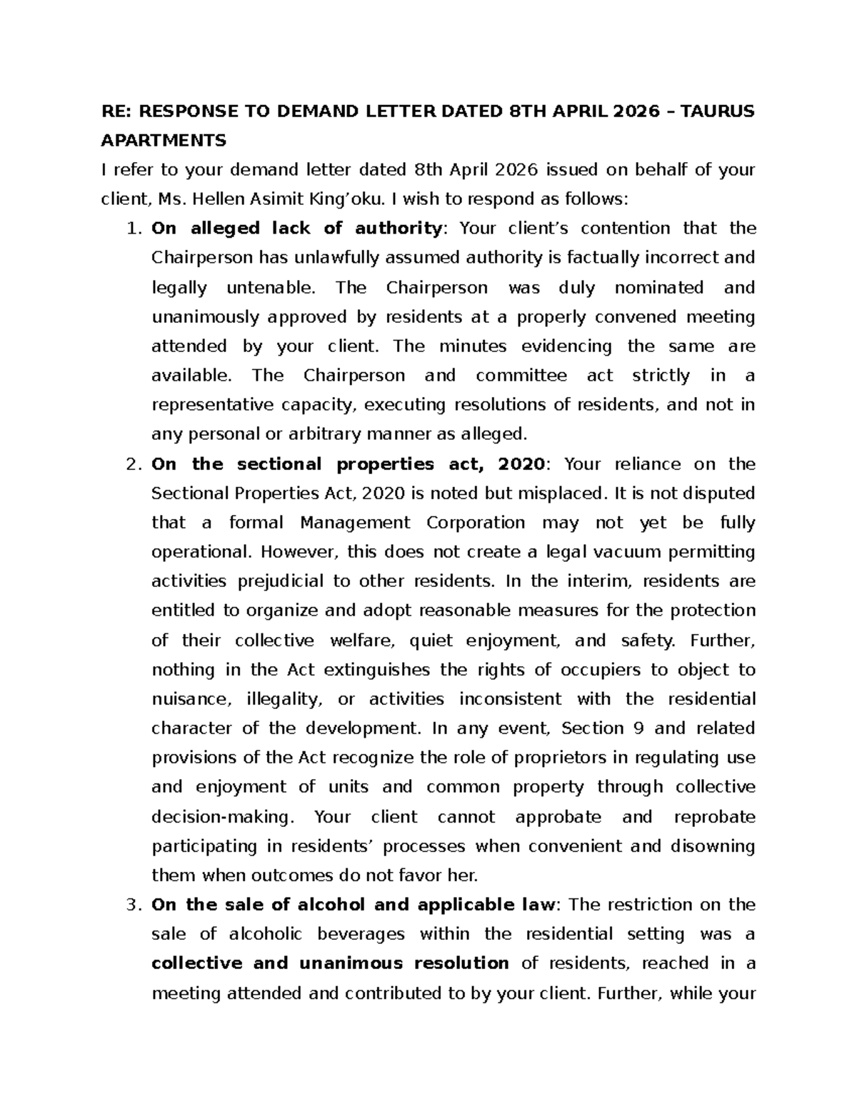 Response to Demand Letter - Taurus Apartments Legal Issues - Studocu