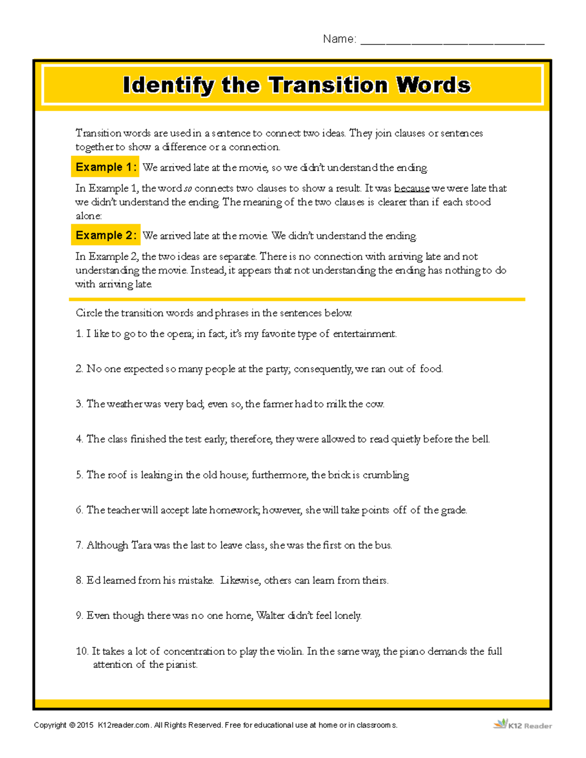 Identify the transition words - Copyright © 2015 K12reader. All Rights ...