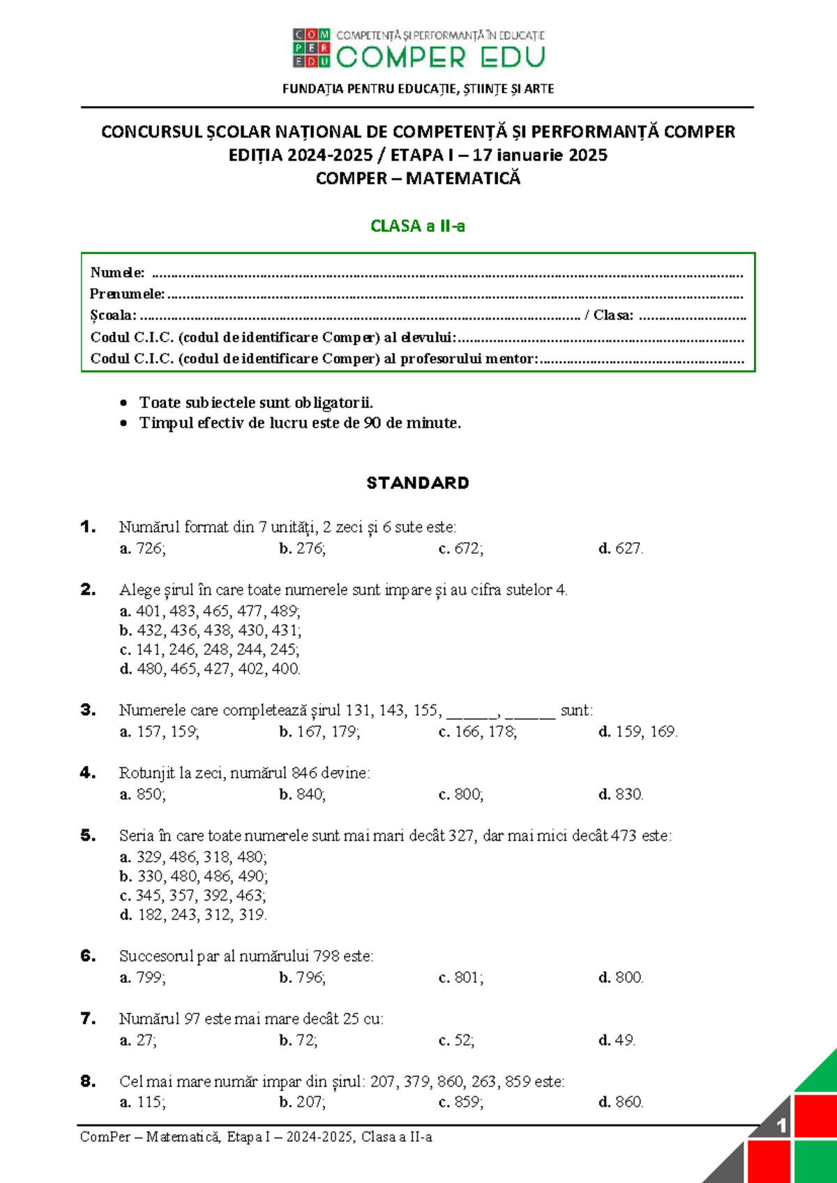 ComPer Matematică, Etapa I 2024-2025, Clasa a II-a - Subiecte - Studocu
