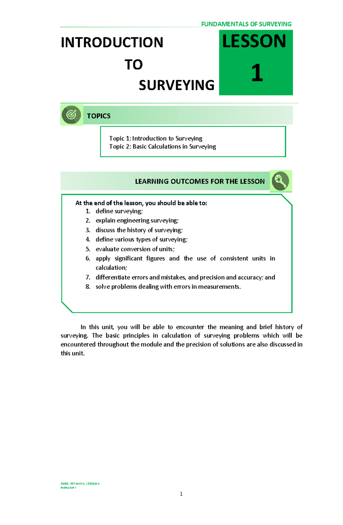 Fundamentals of surveying lesson 1: Introduction and basic calculations - Studocu