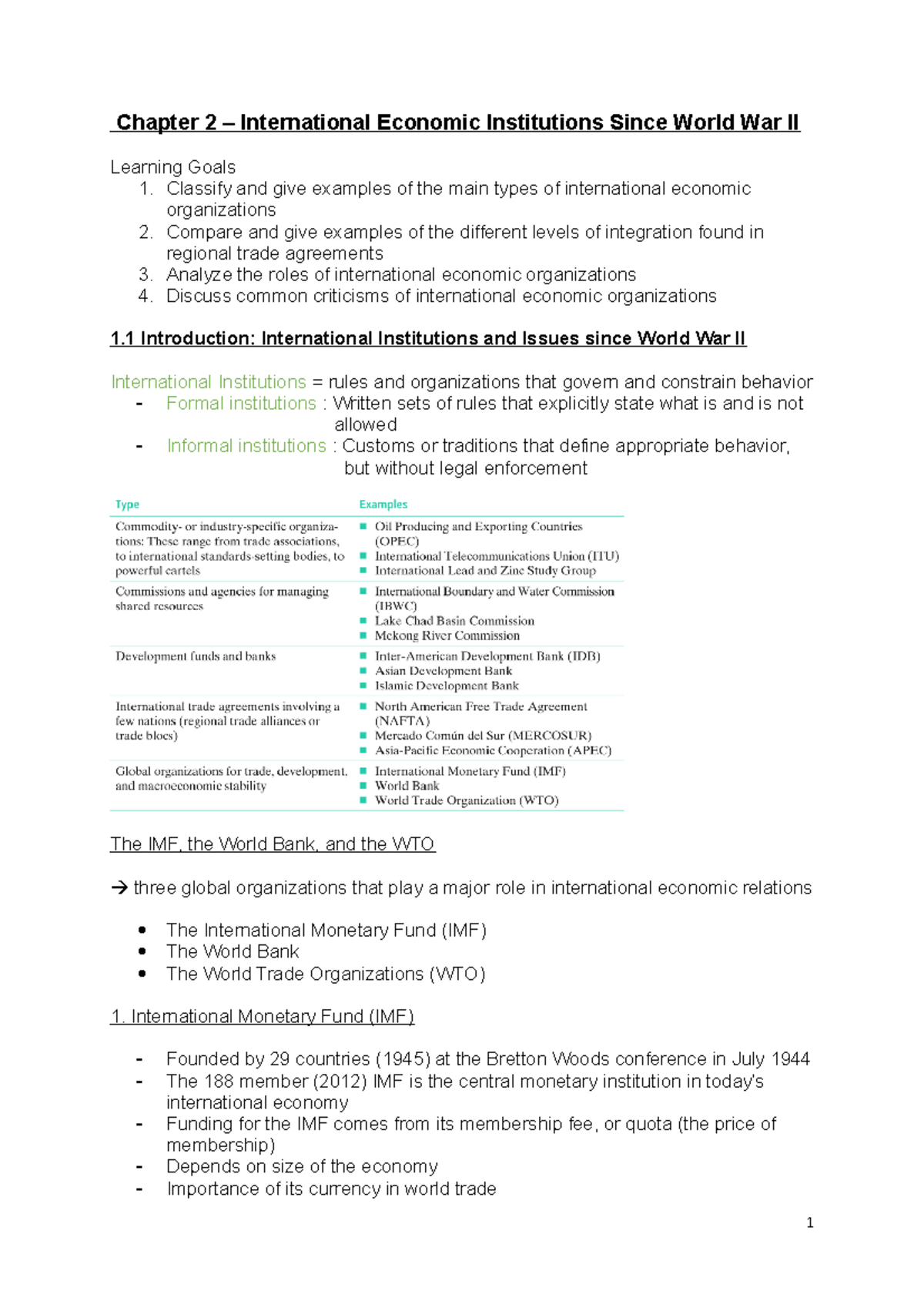 NER-Summary - Chapter 2 International Economic Institutions Since World ...