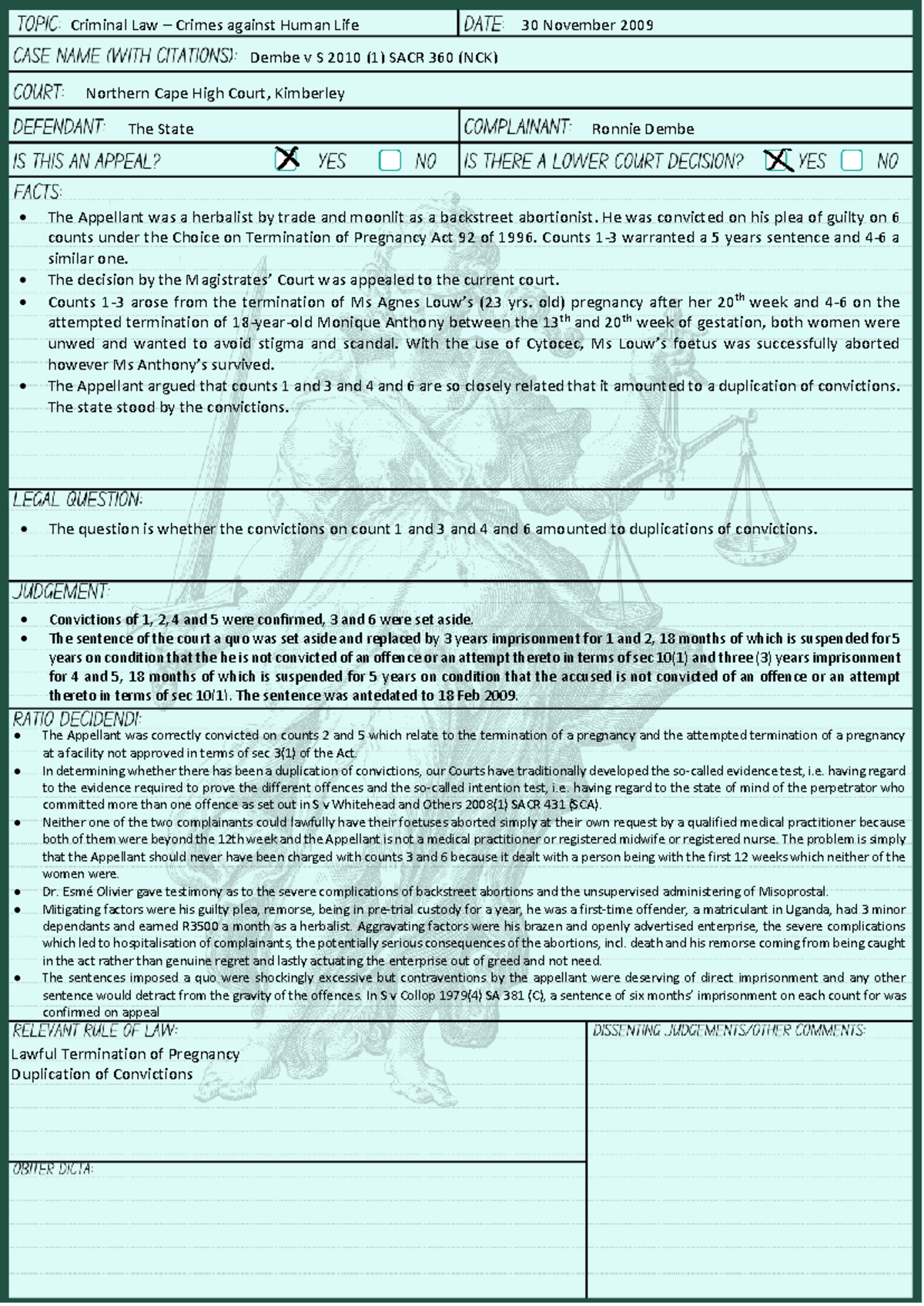 Dembe v S Case Summary: Lawful Termination & Duplication Issues - Studocu
