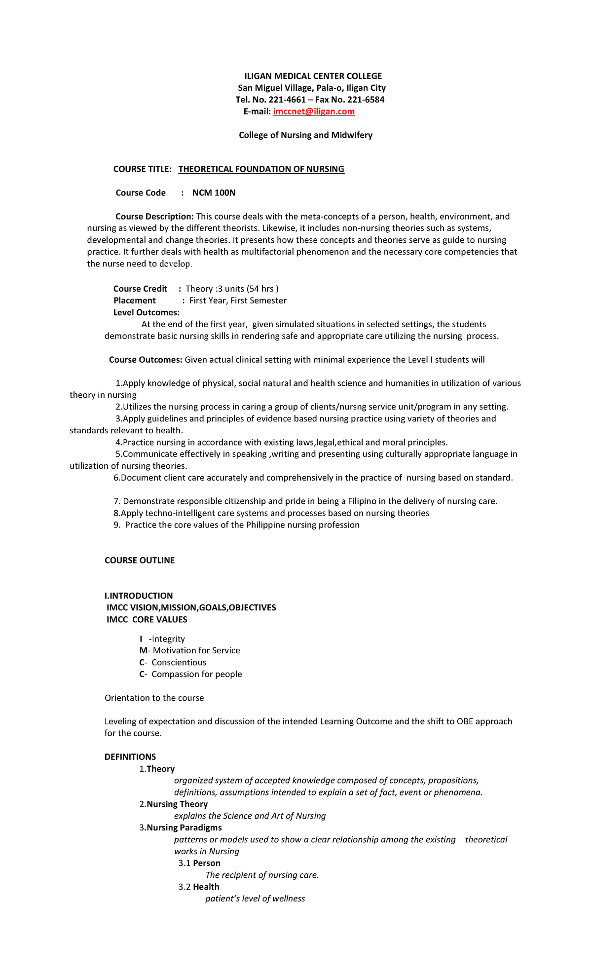 NCM 100N: Theoretical Foundations of Nursing Course Outline - Studocu