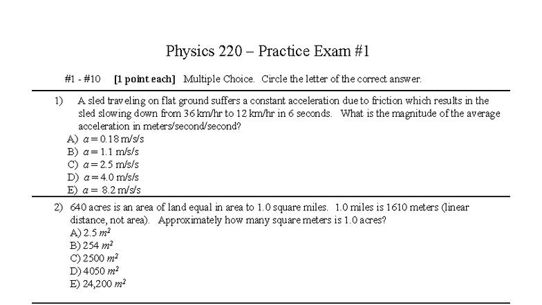 Physics 220 Practice Exam 1: Multiple Choice Questions - Studocu