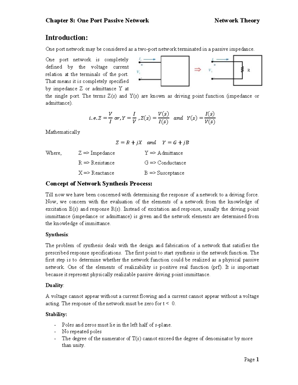 One-Port Passive Network Analysis for EE 301 - Studocu