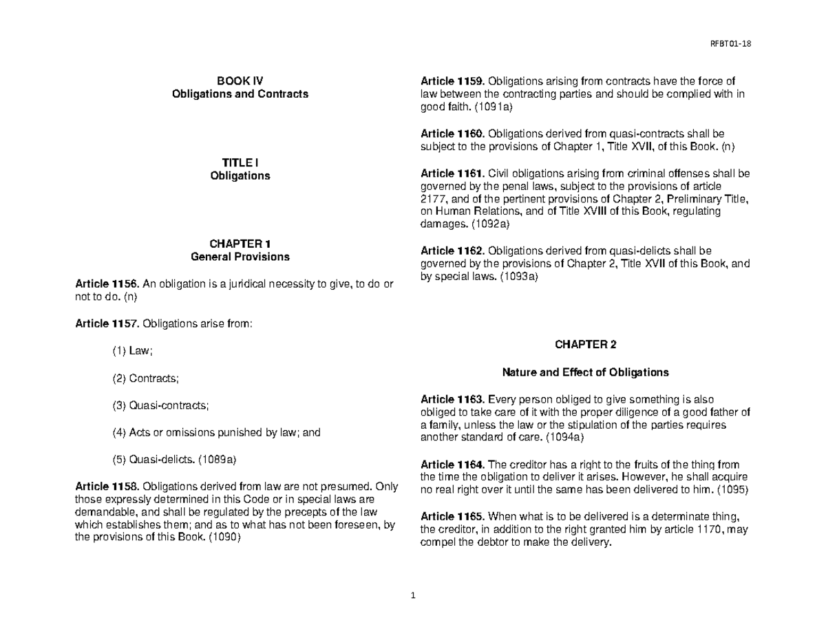 Civil CODE OF The Philippines: Obligations and Contracts Overview - Studocu
