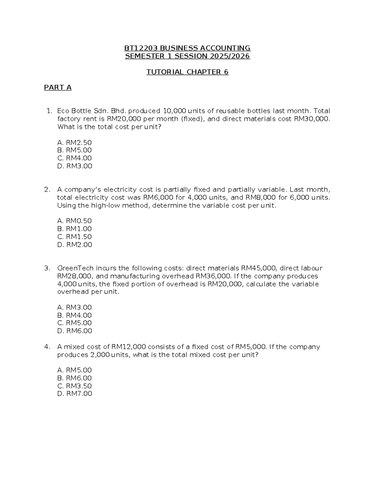 BT12203 Business Accounting Tutorial Chapter 6 Cost Analysis - Studocu