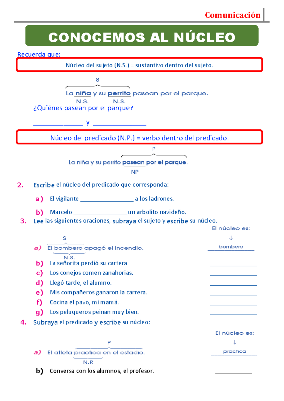 Núcleo del Sujeto y Predicado para Segundo Grado de Primaria - Recuerda ...