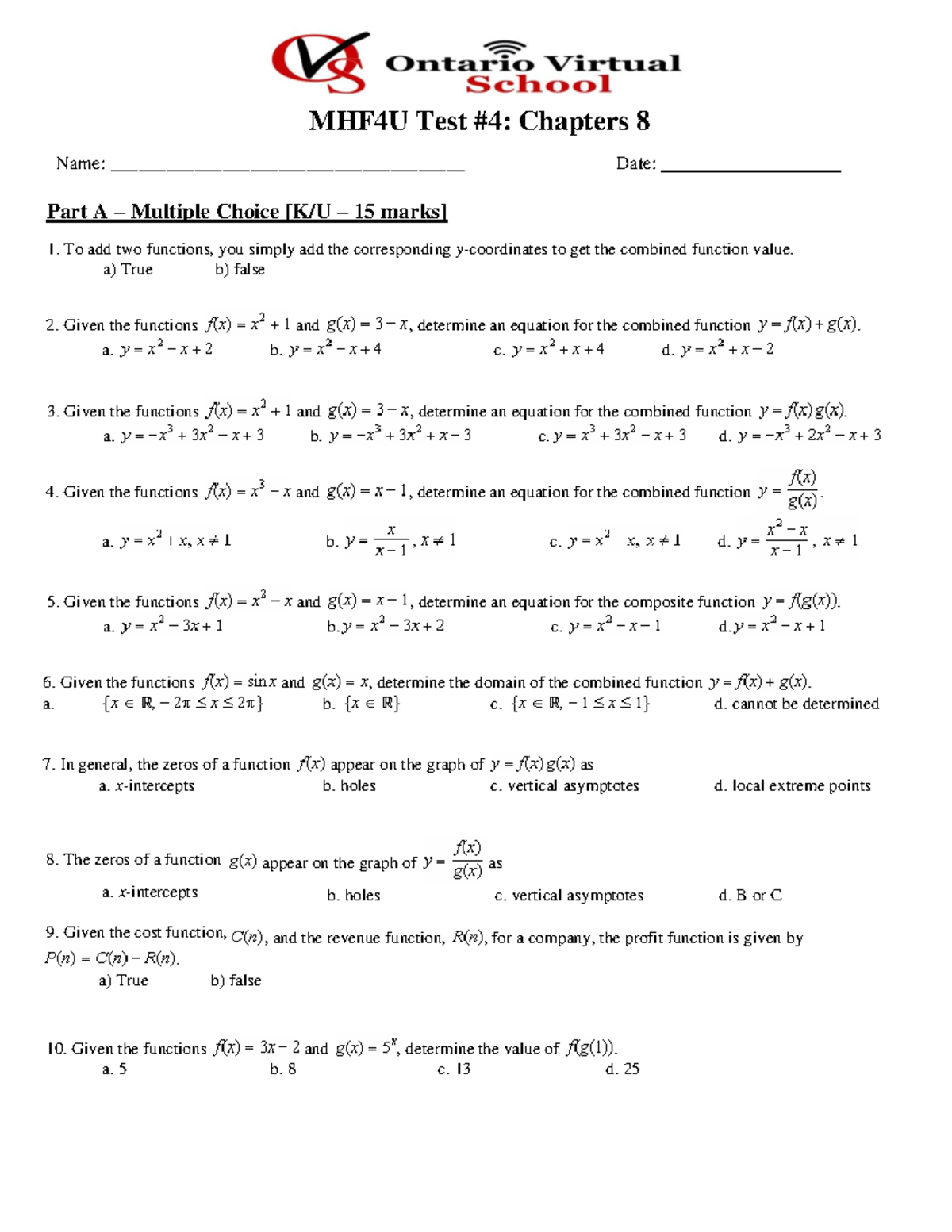 1734554621-Unit 4 Test - MHF4U Test #4: Chapters 8 Name