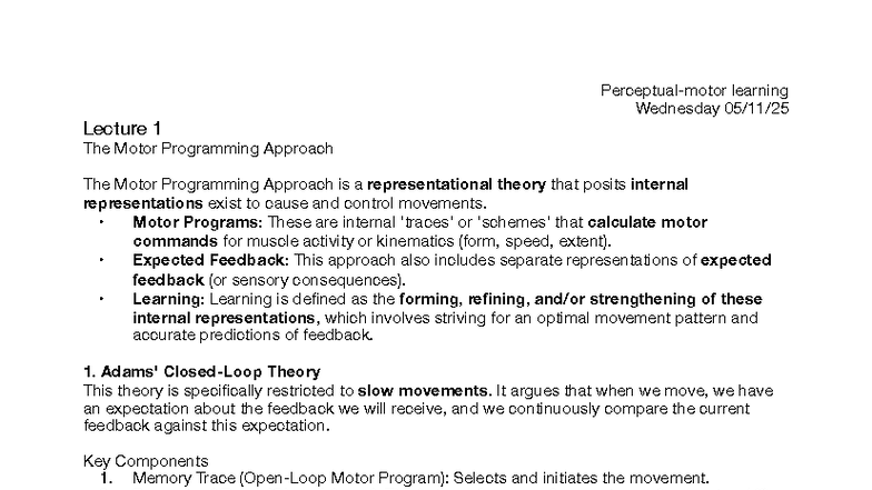 PSY 101: Lecture 1 - The Motor Programming Approach Explained - Studeersnel