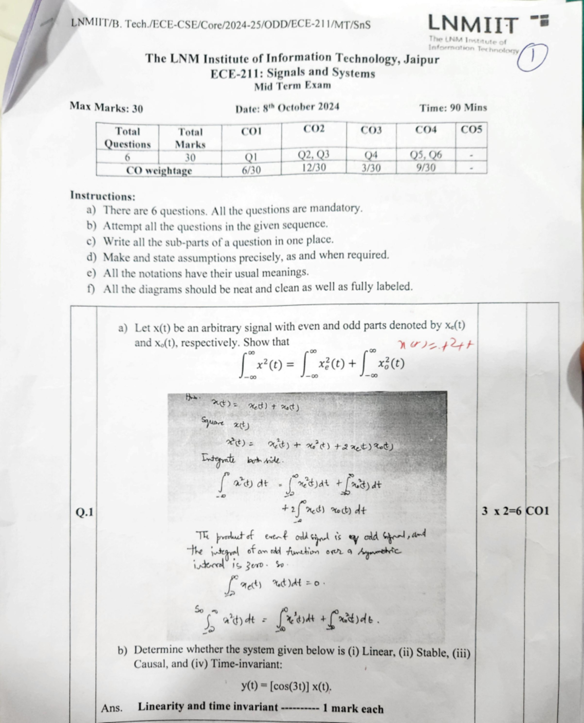 Signals and Systems Midterm Exam Solutions (LNMIIT) - Studocu