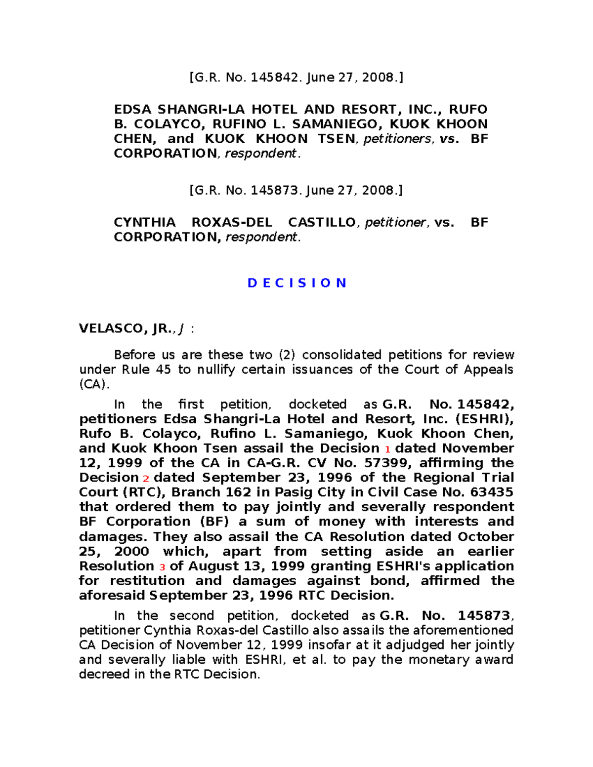 Final Decision on Edsa Shangri-La v. BF Corp (G.R. No. 145842 & 145873 ...