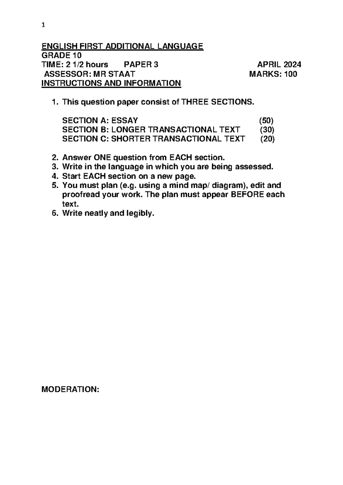 English First Additional Language 2024 Grade 10 Exam Paper P3 - Studocu