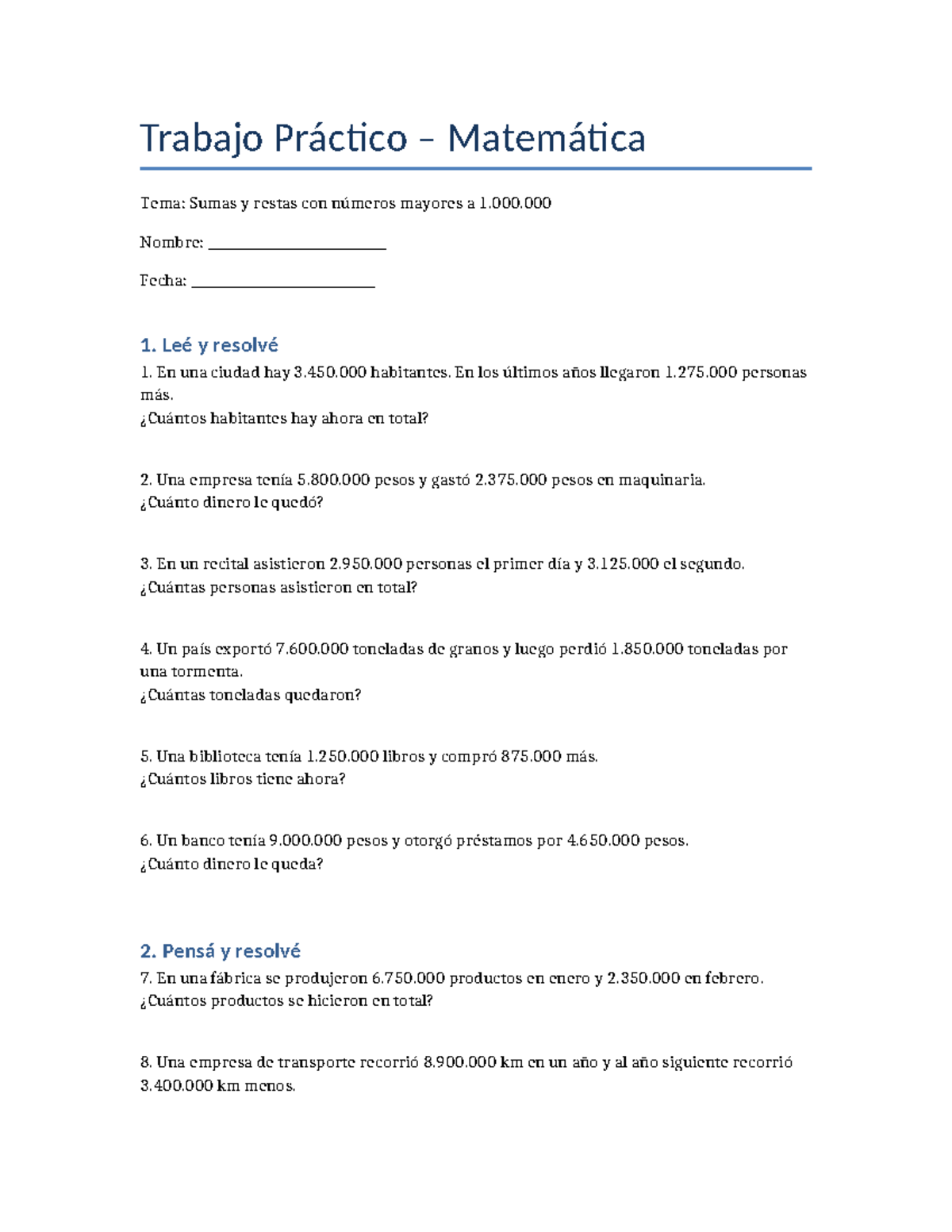 Trabajo Práctico Matemática: Sumas y Restas con Números Mayores - Studocu