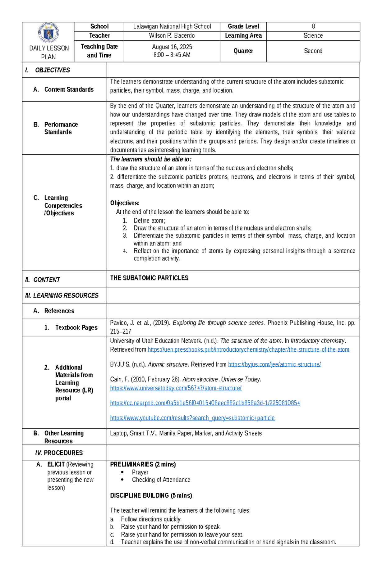 DAILY LESSON PLAN: Subatomic Particles in 8 Science (Grade 8) - Studocu