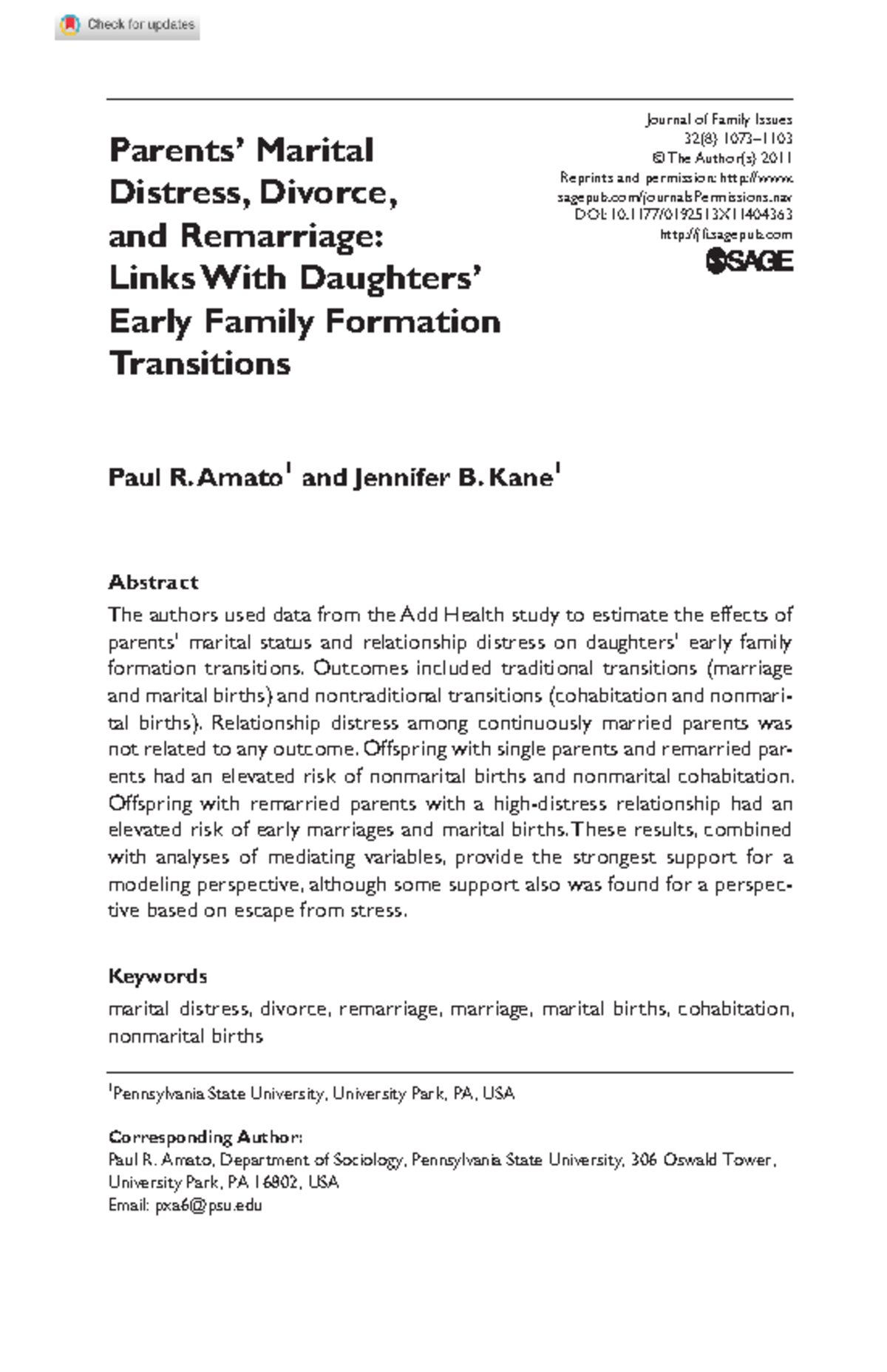 Parents' Marital Distress and Daughters' Family Formation Transitions ...