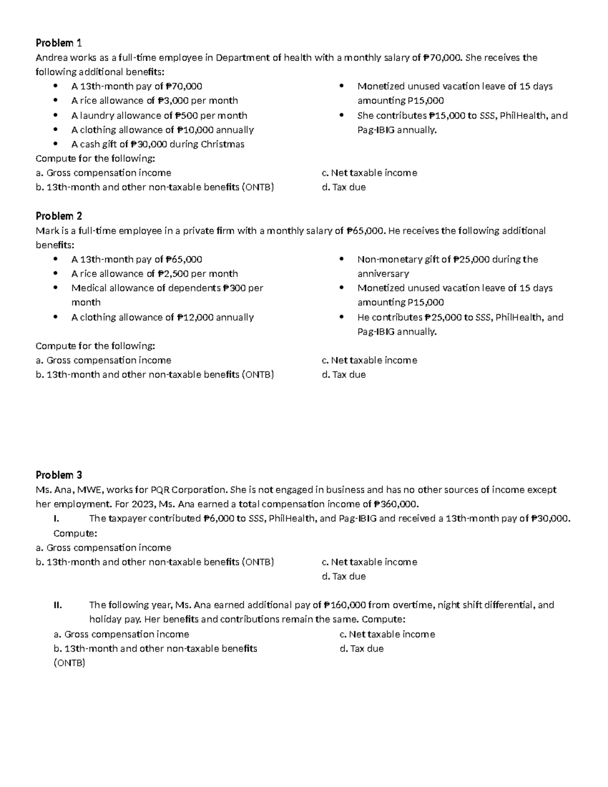 AE 4 Compensation Income Computation Problems - Bloc 2 - Studocu