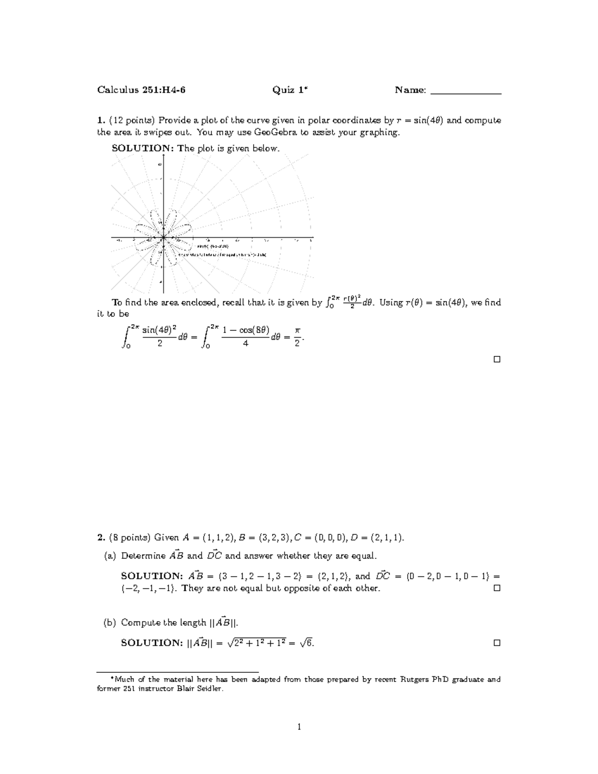 Calculus 251: H4-6 Quiz 1 - Complete Answer Key and Solutions - Studocu
