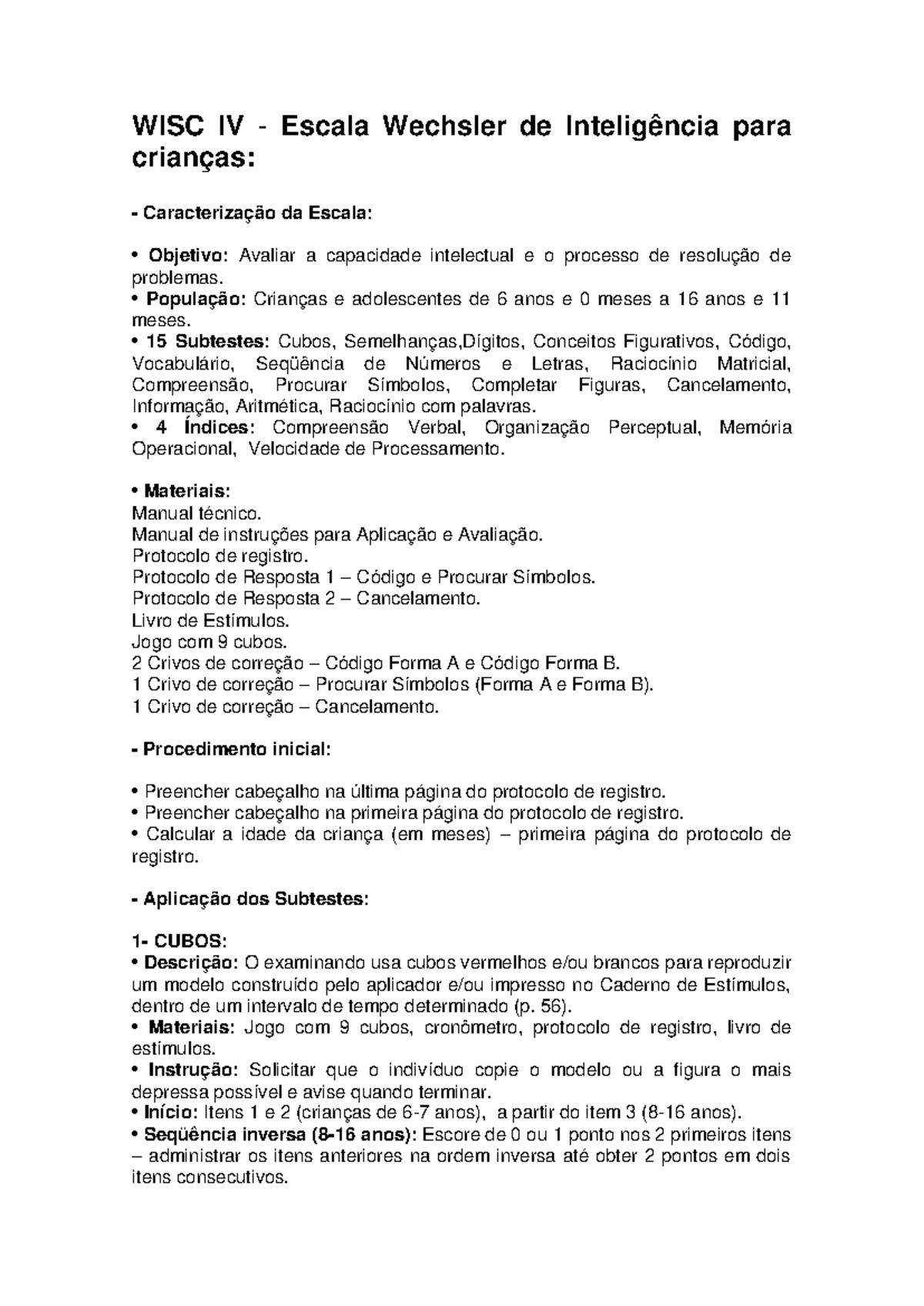 Aplicação WISC IV: Escala Wechsler de Inteligência infantil - Studocu