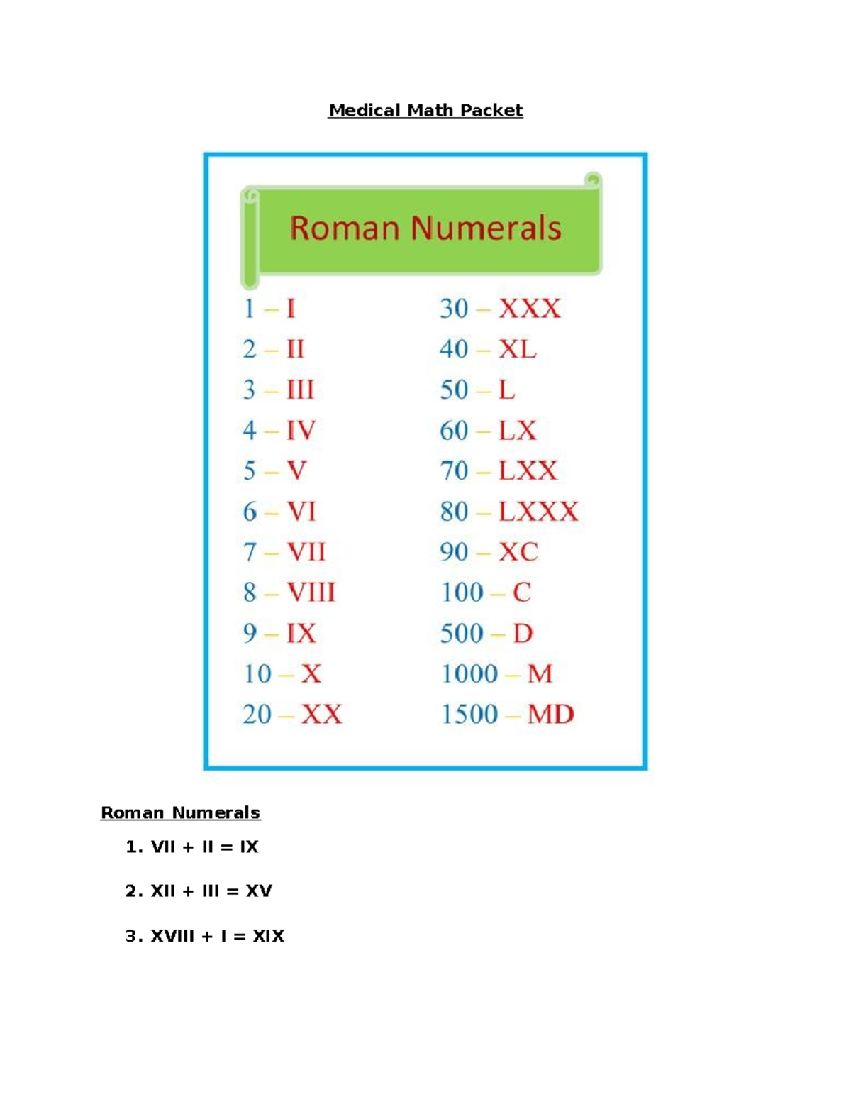 Medical Math Packet: Conversions & Roman Numerals (02.20) - Studocu