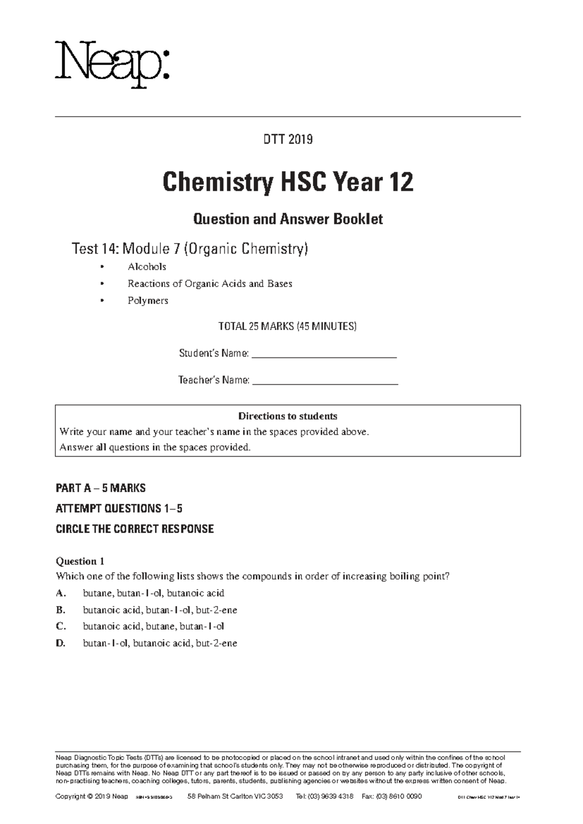 DTT Chem HSC Y12 Test 14: Organic Chemistry Questions & Answers - Studocu
