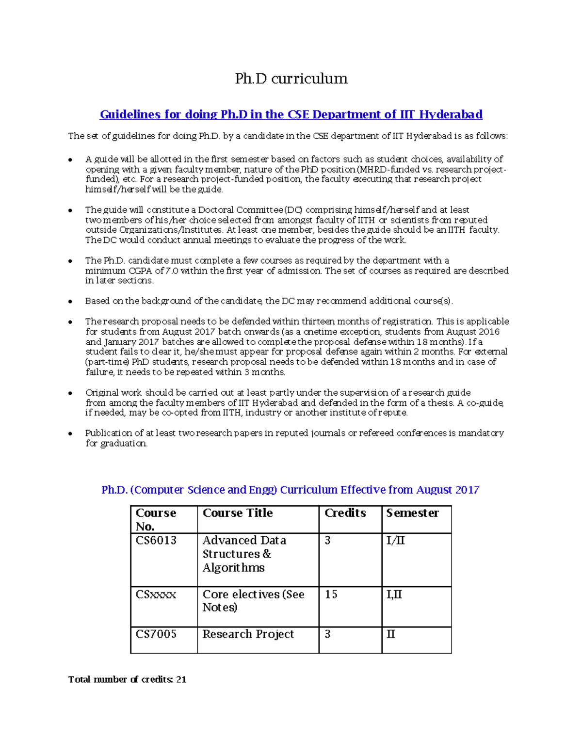 Ph.D. Curriculum Guidelines for CSE at IIT Hyderabad - Studocu