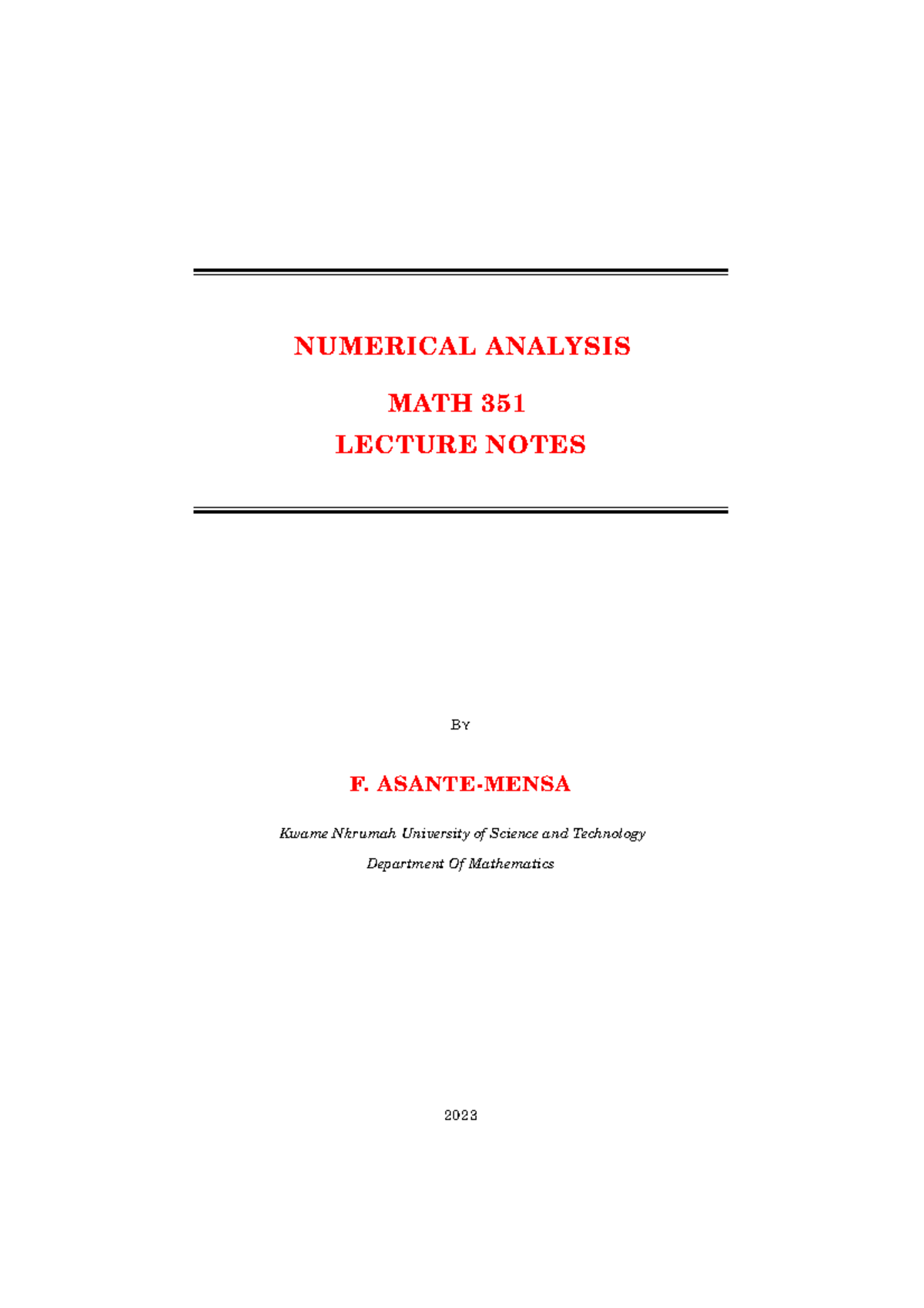 MATH 351 Numerical Analysis Lecture Notes for Engineers 2023 - Studocu
