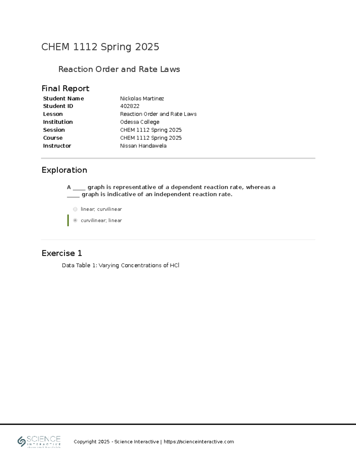 CHEM1112Spring2025 Final Report on Reaction Order & Rate Laws - Studocu