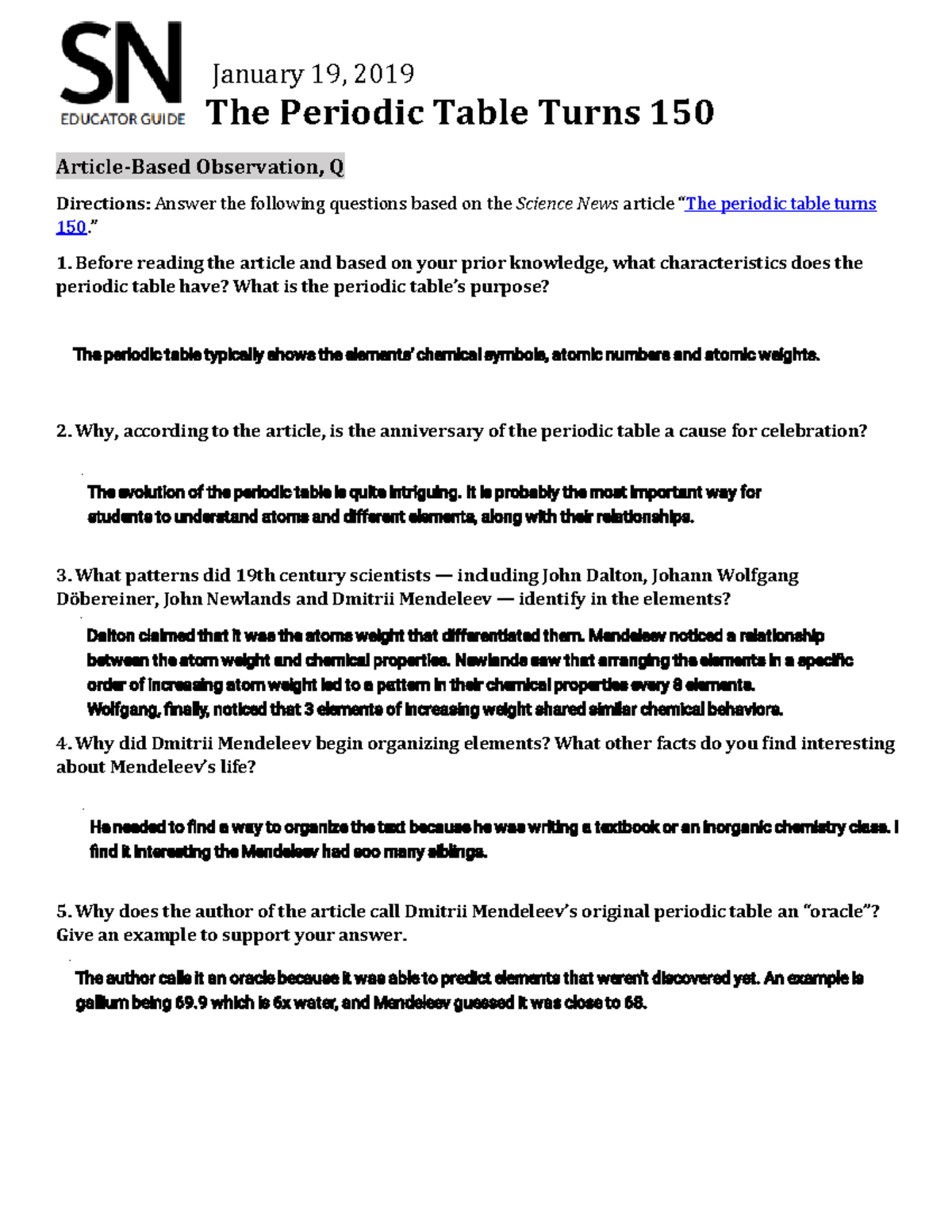 The Periodic Table Turns 150 Article-Based Observation, Q - January 19 ...