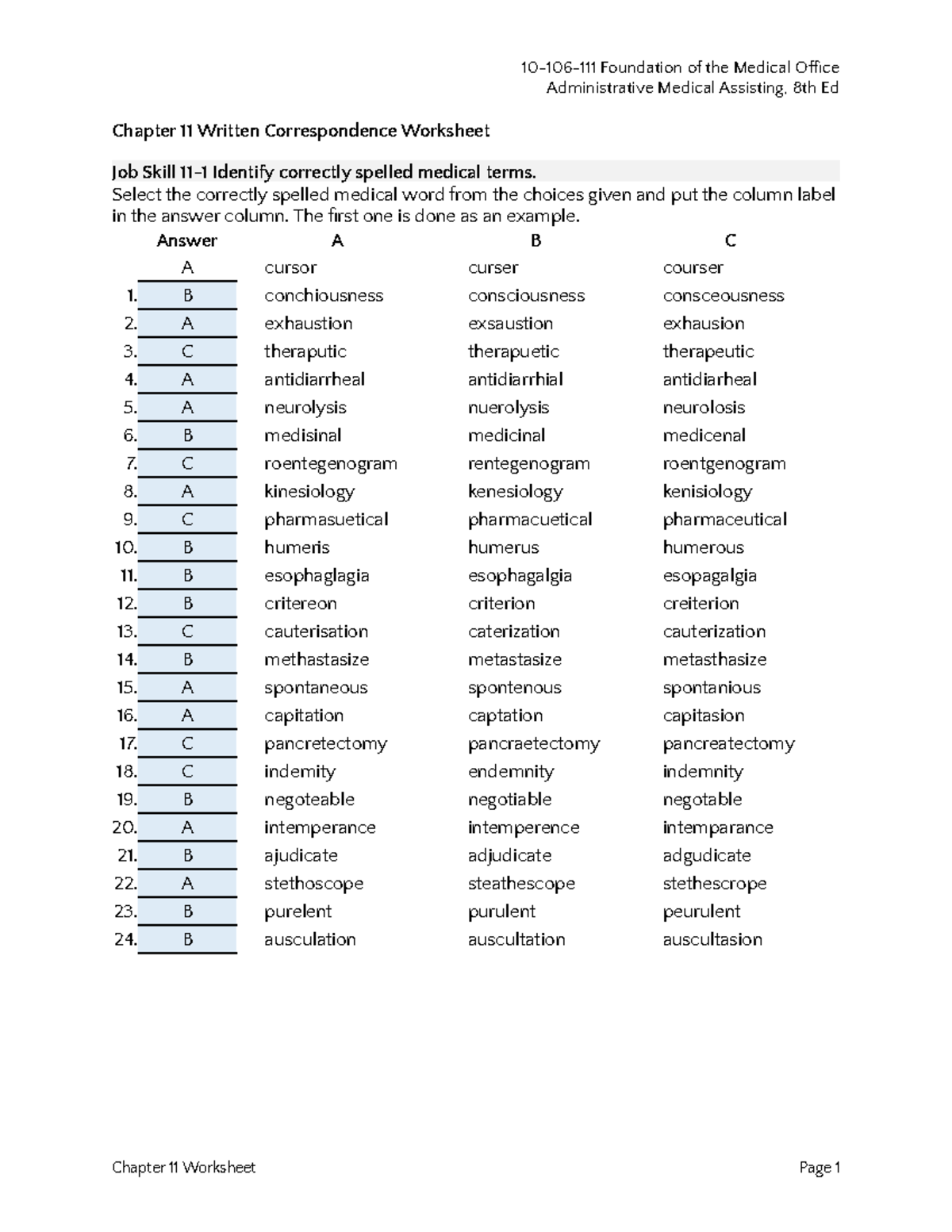 Chapter 11 Worksheet on Medical Correspondence Skills for AMA 8th Ed ...