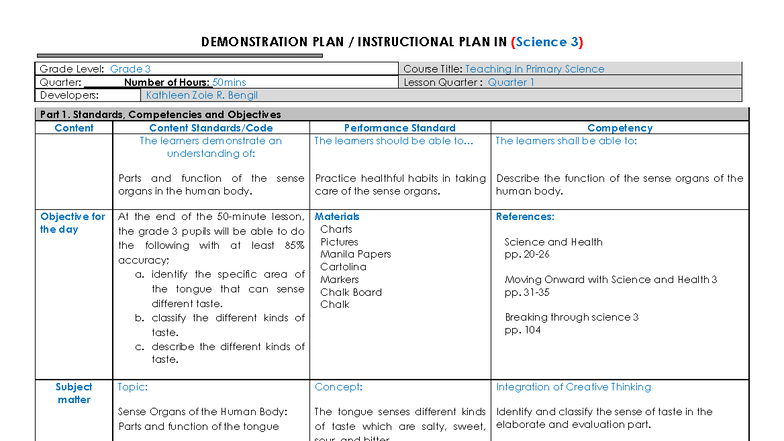 Lesson Plan: Understanding Taste with Sense Organs (Science 3) - Studocu