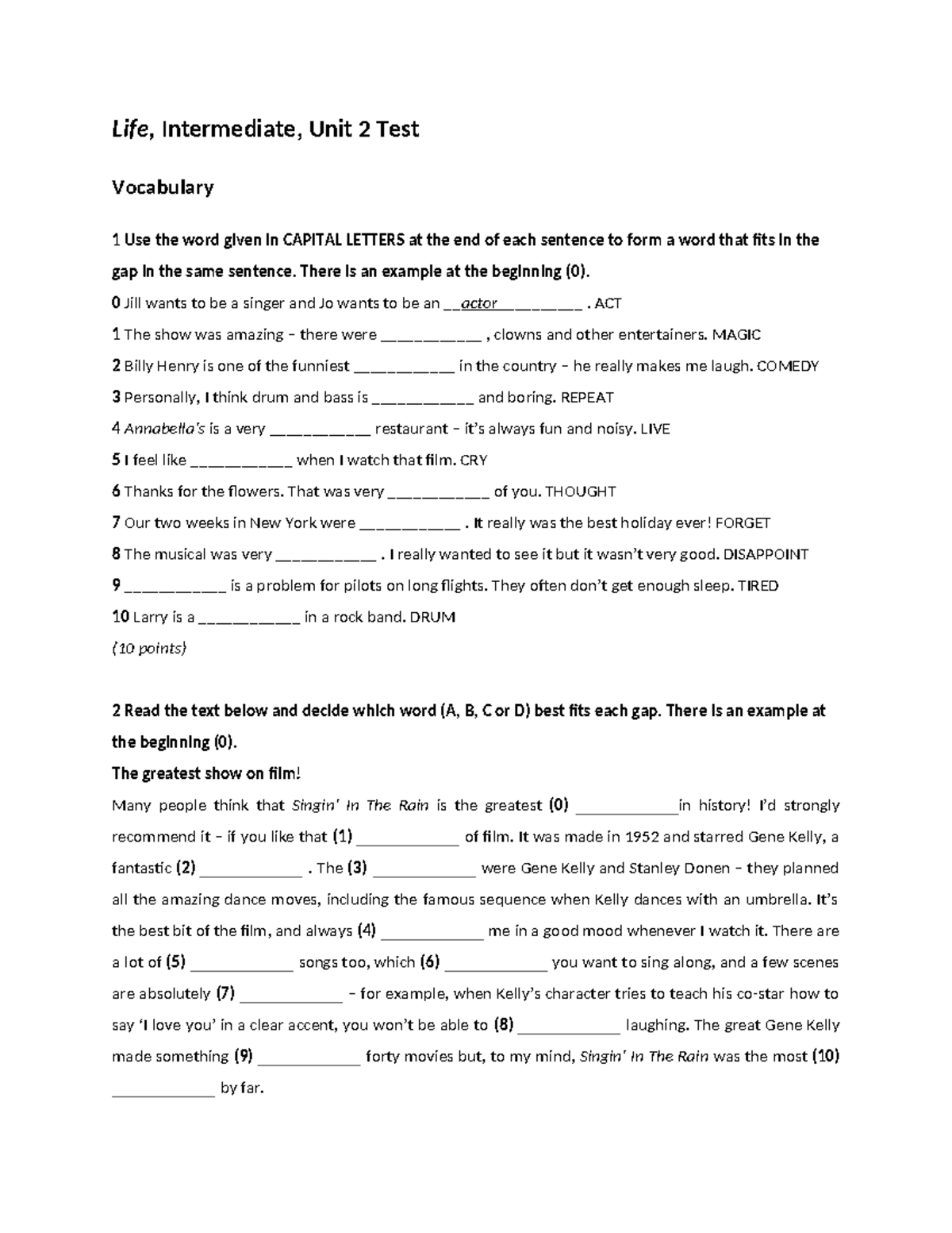 Life 2e Intermediate Unit 2 Test Vocabulary and Grammar Exercises - Studocu