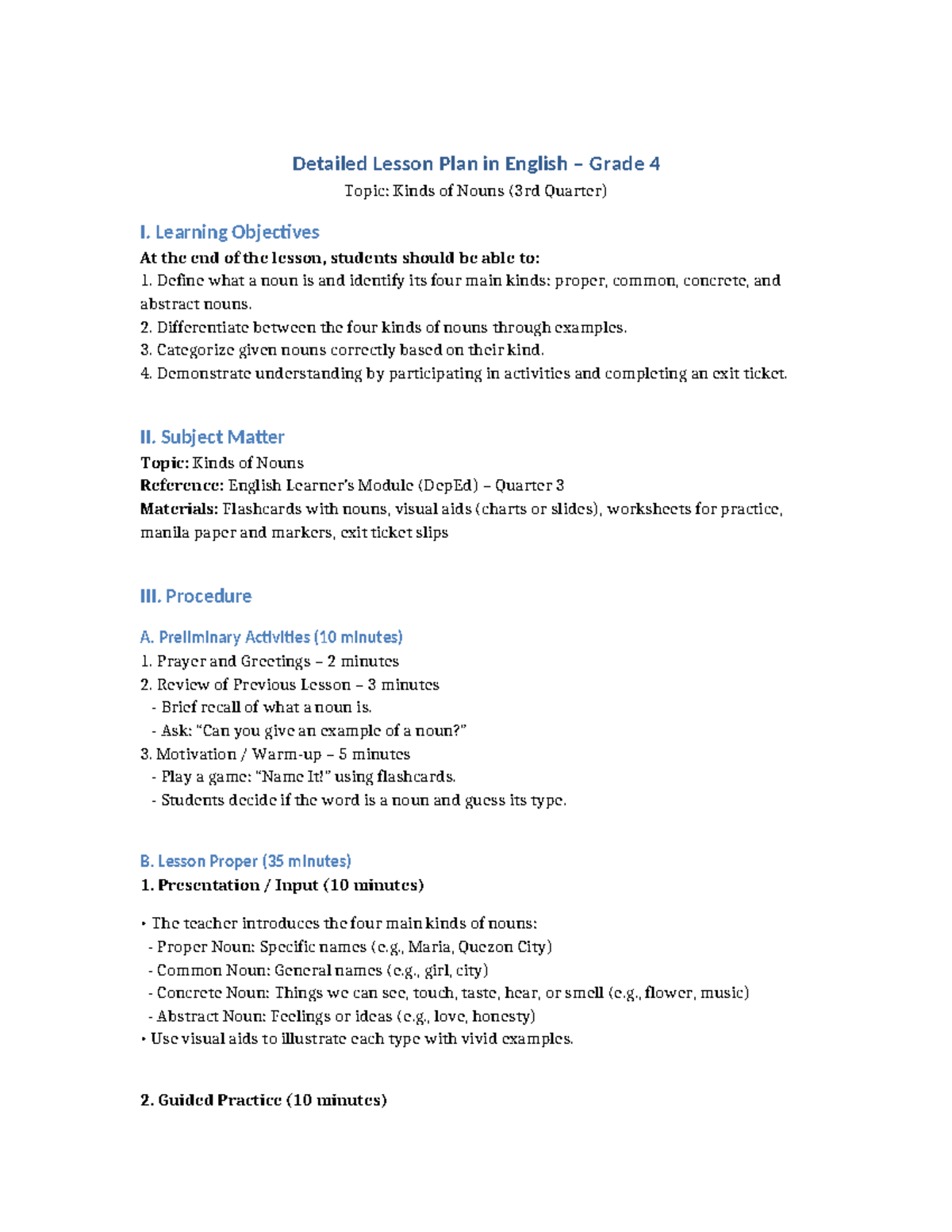 Grade 4 English Lesson Plan: Kinds of Nouns (3rd Quarter) - Studocu