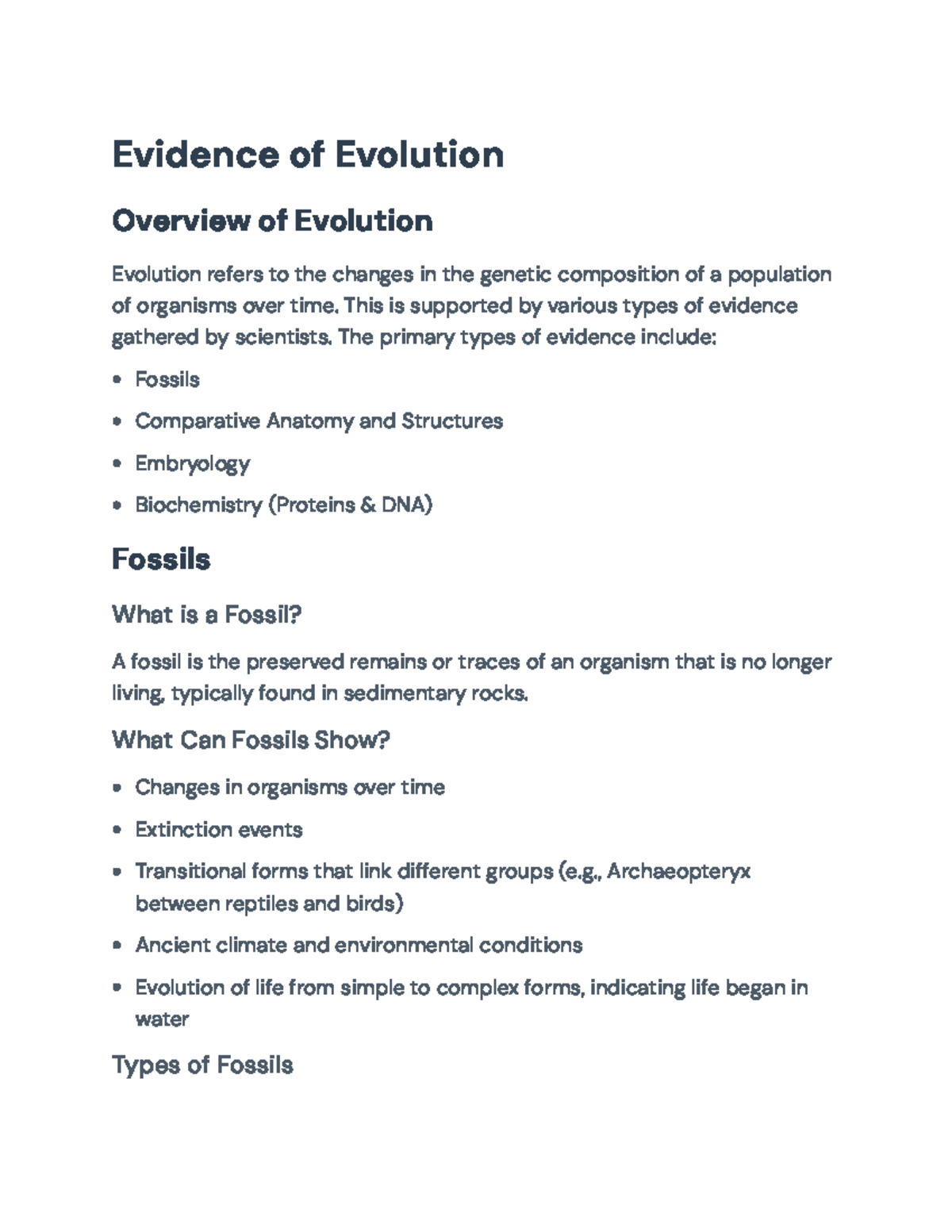 Evidence of Evolution: Fossils, Anatomy, Embryology, and Biochemistry ...