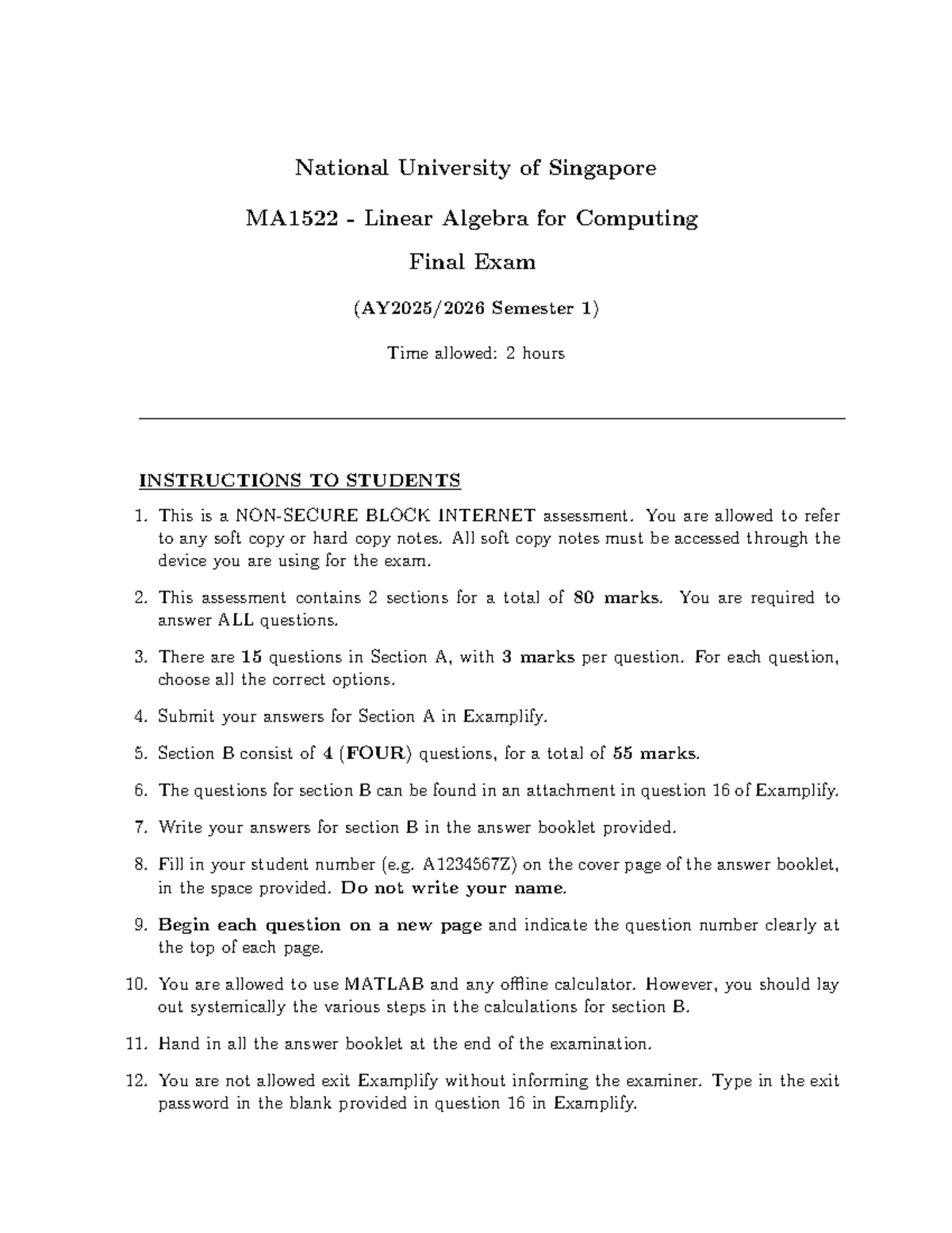 MA1522 Linear Algebra for Computing Final Exam Semester 1 - Studocu