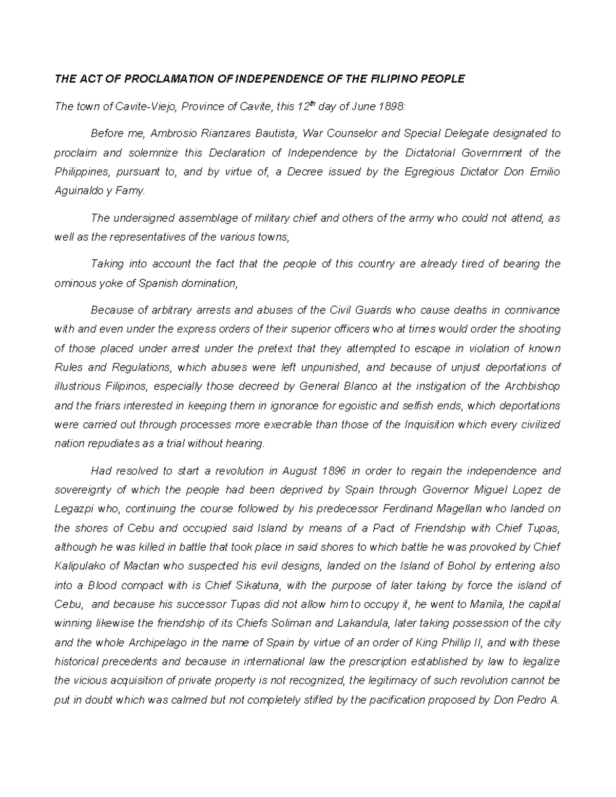 Proclamation of Philippine Independence: June 12, 1898 - Studocu