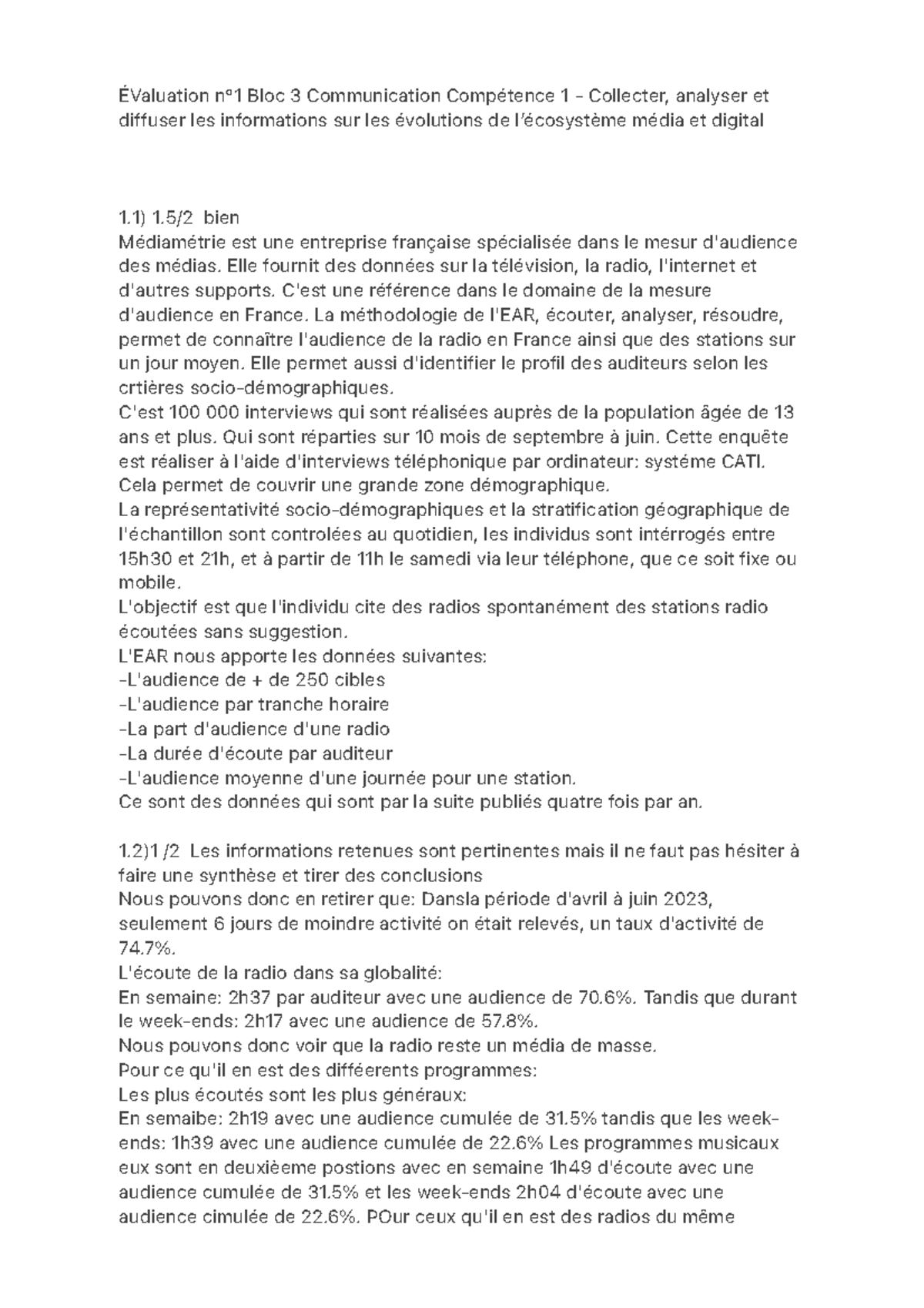 Évaluation n°1 Bloc 3 Compétence 1 : Analyse des Évolutions Média et ...