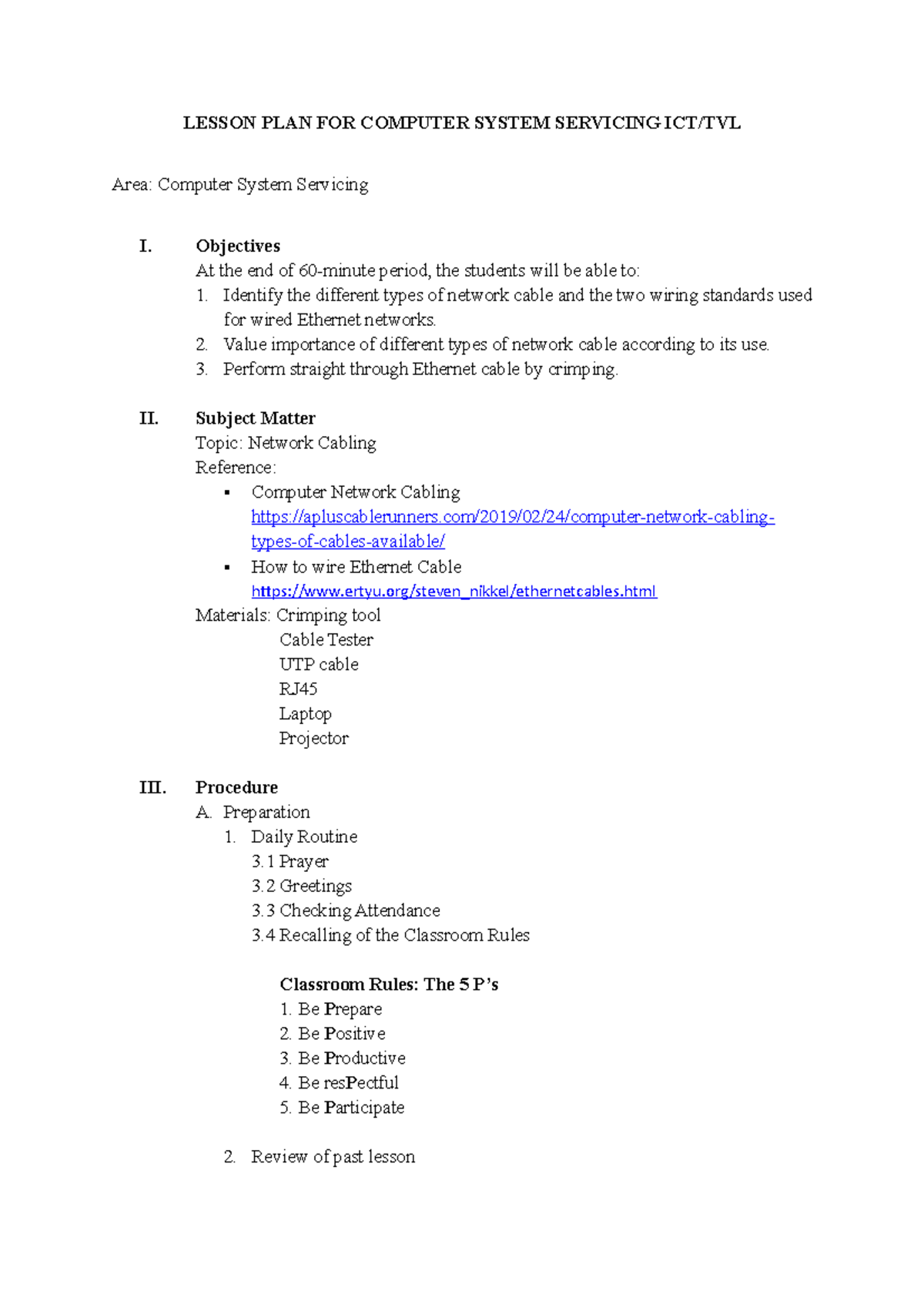 LESSON PLAN FOR COMPUTER SYSTEM SERVICING ICT/TVL - LESSON PLAN FOR ...