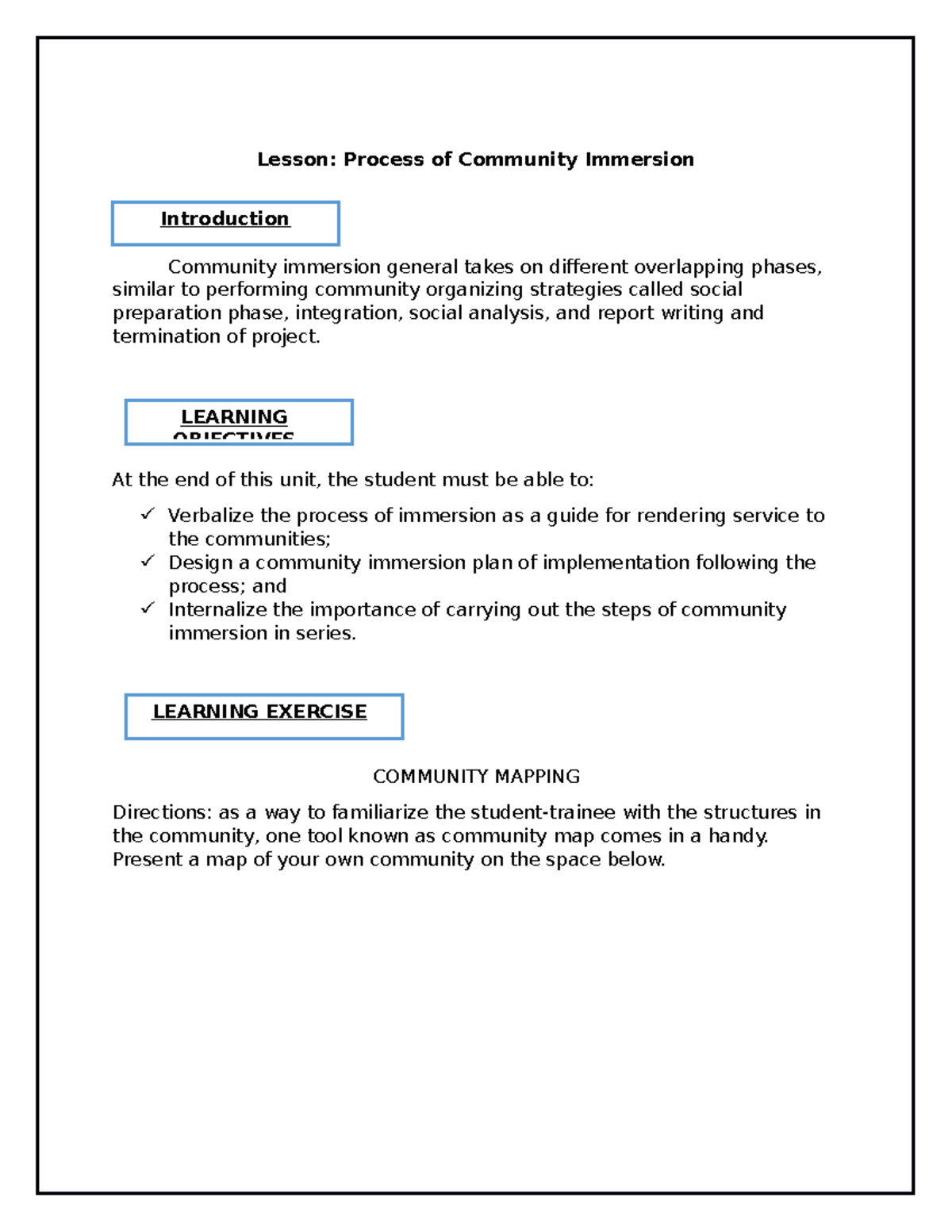 Lesson 2 - Process of Community Immersion - Lesson: Process of ...