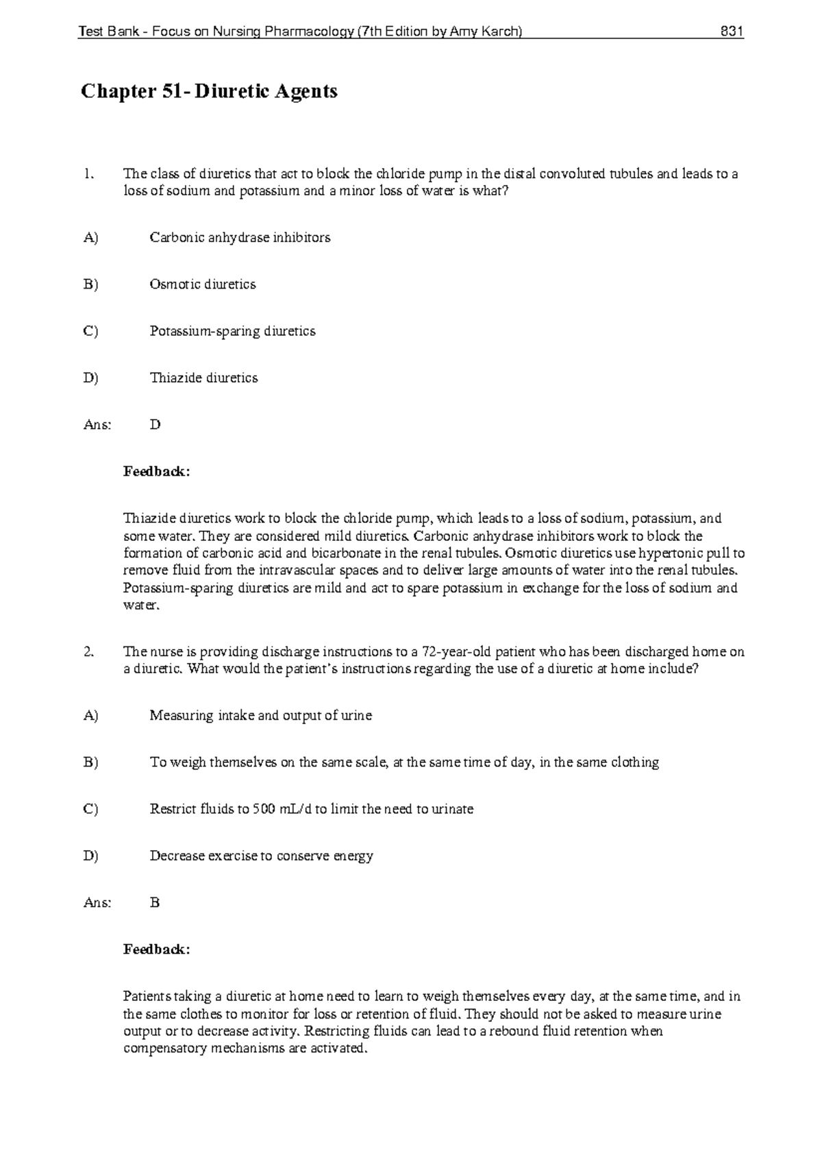 Ch 51 - Chapter study - Chapter 51- Diuretic Agents The class of ...