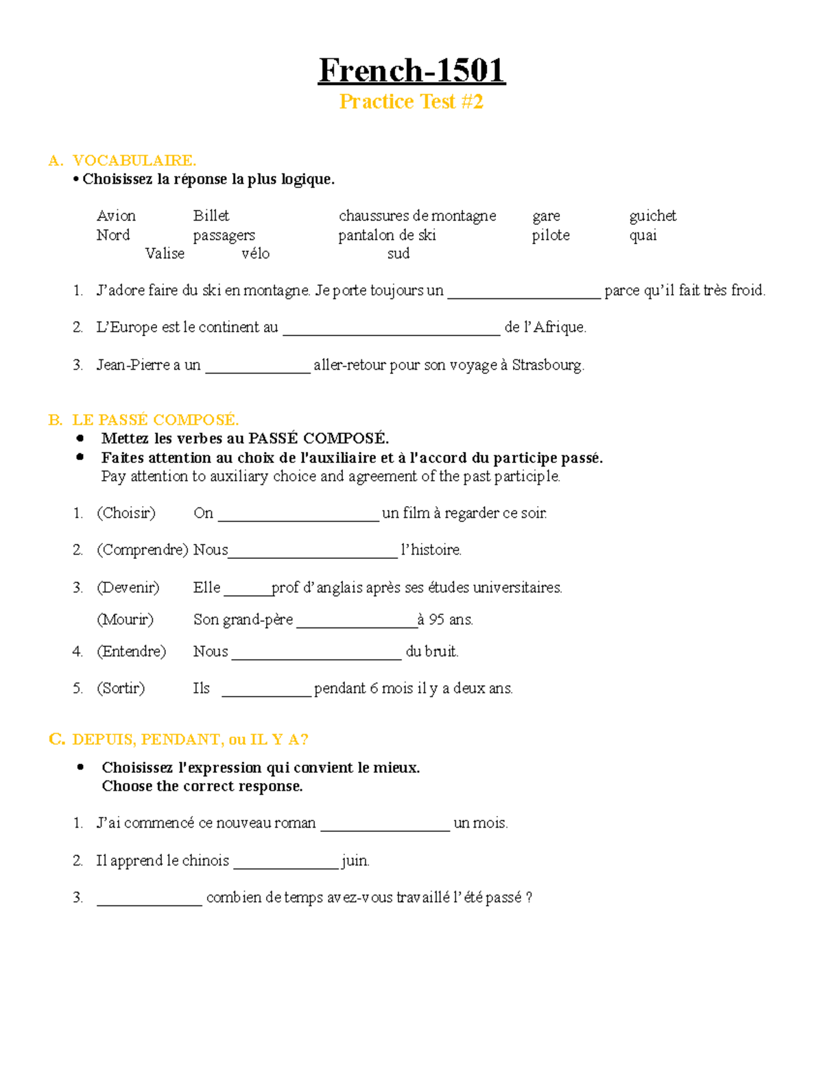 Practice Test - 2 (2024) - French- Practice Test A. VOCABULAIRE ...
