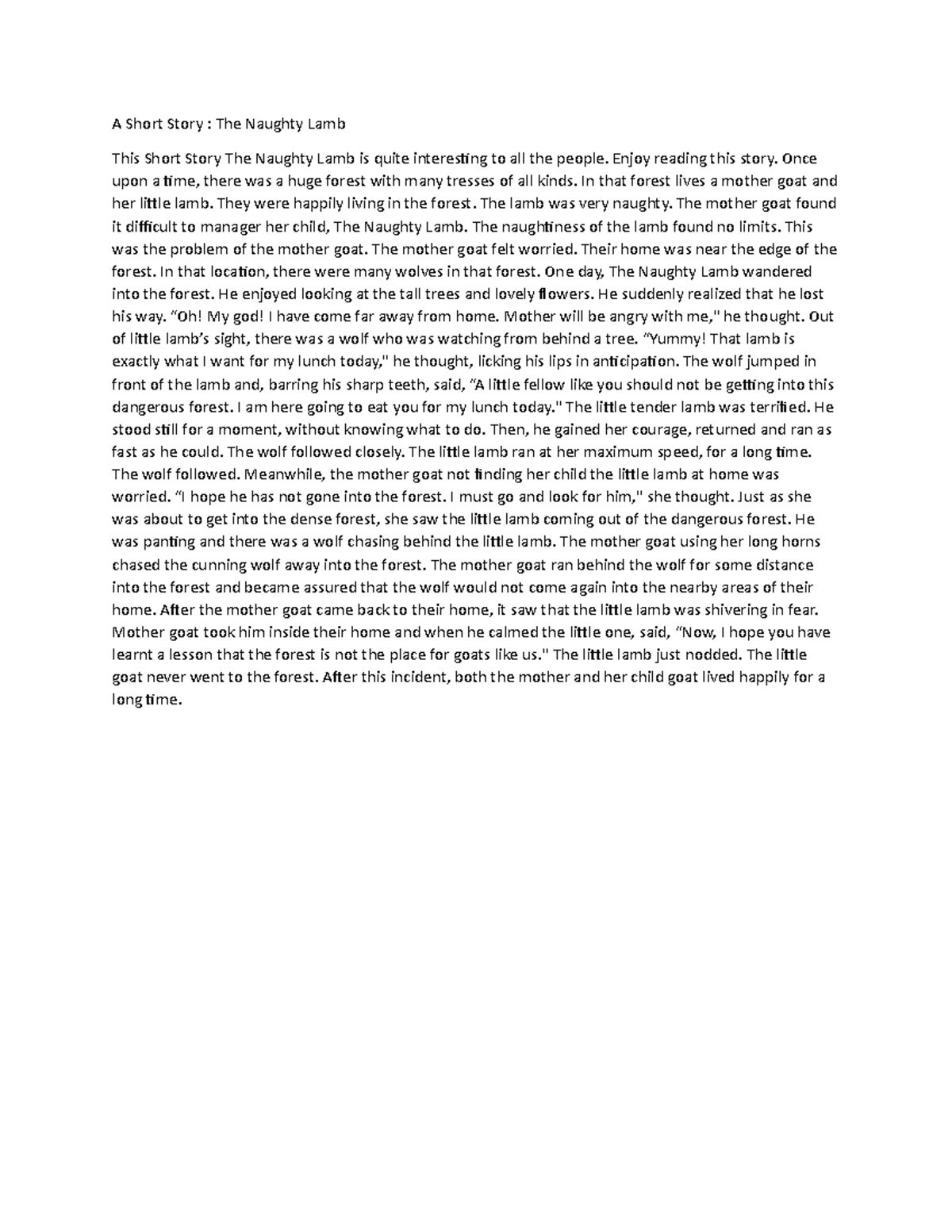 7 Essay Eng 5 - A Short Story : The Naughty Lamb This Short Story The ...