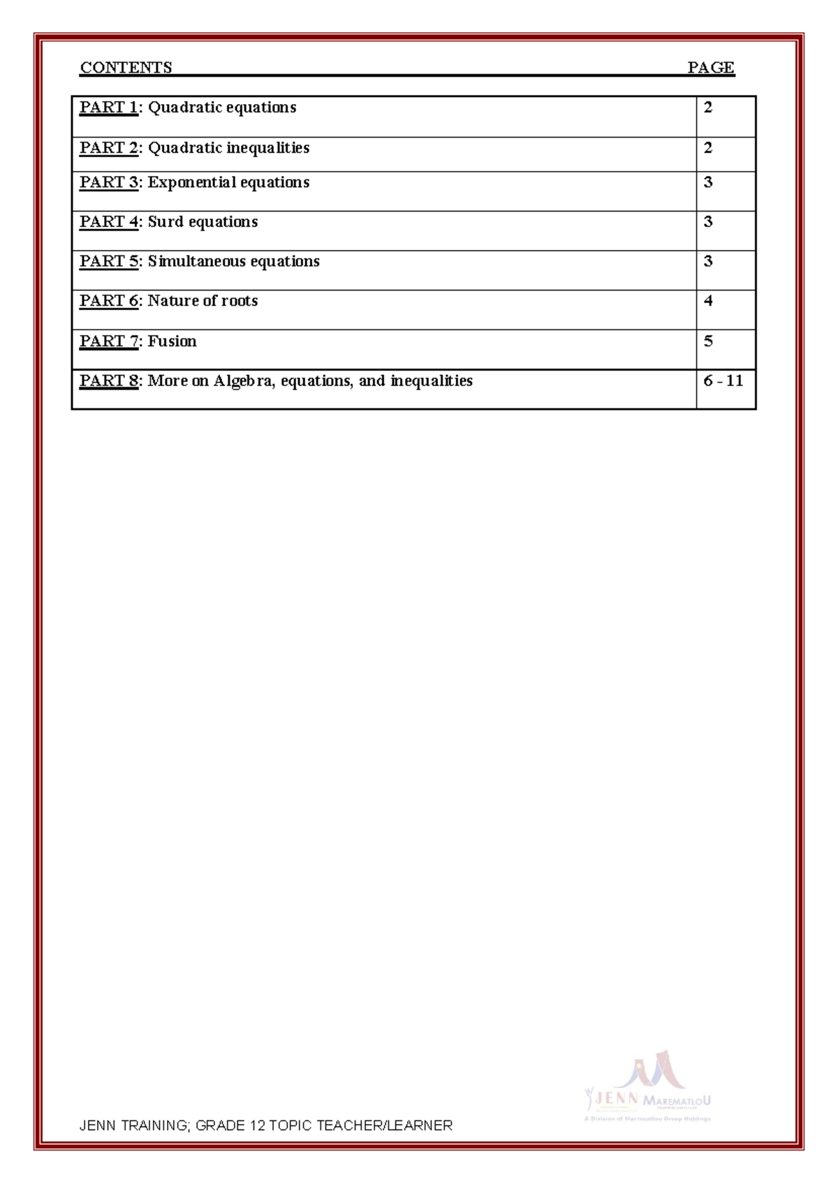 Algebra, Equations & Inequalities Outline - JENN GRADE 12 - Studocu