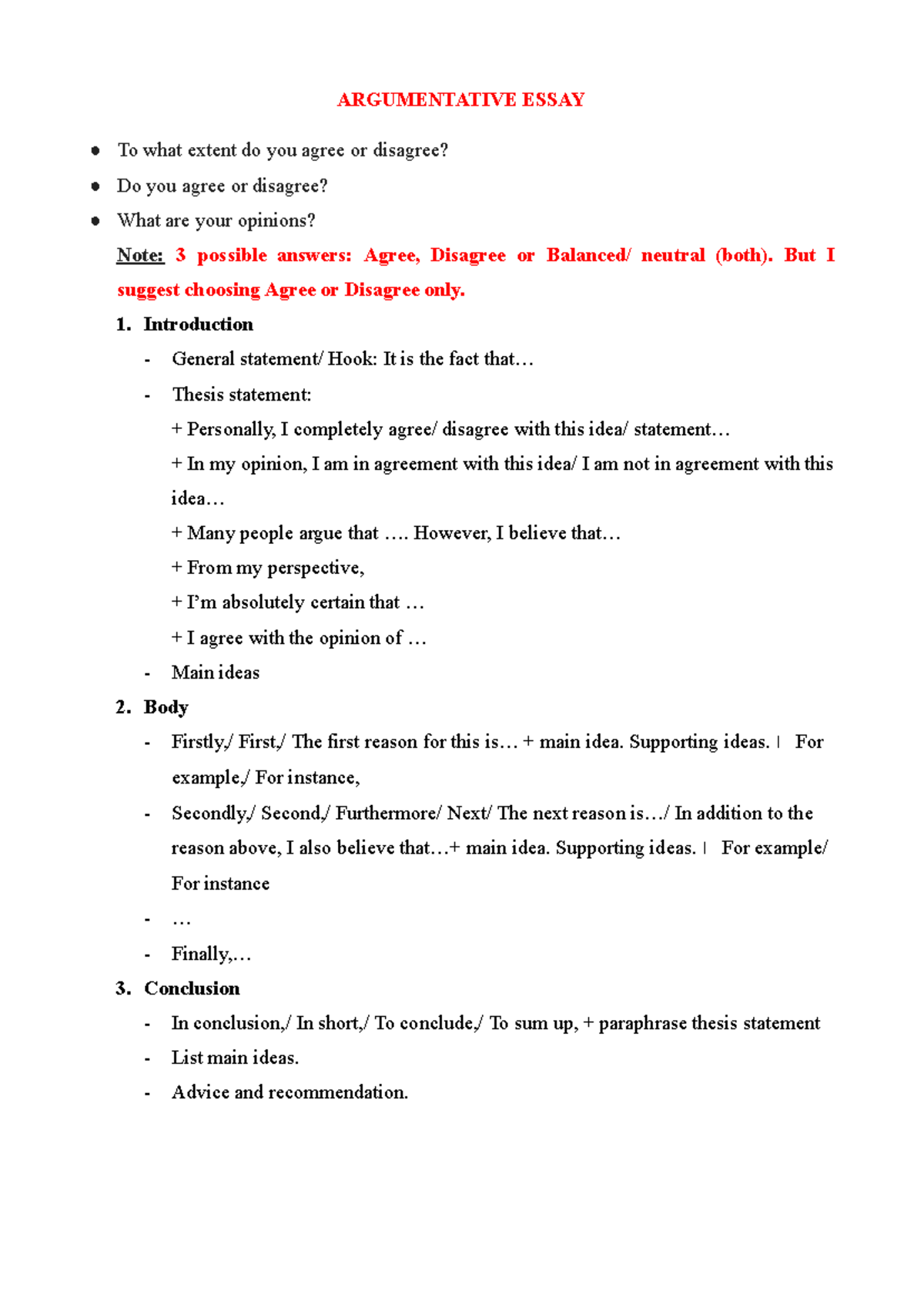 ARGUMENTATIVE ESSAY: Agree or Disagree? Insights & Structure - Studocu