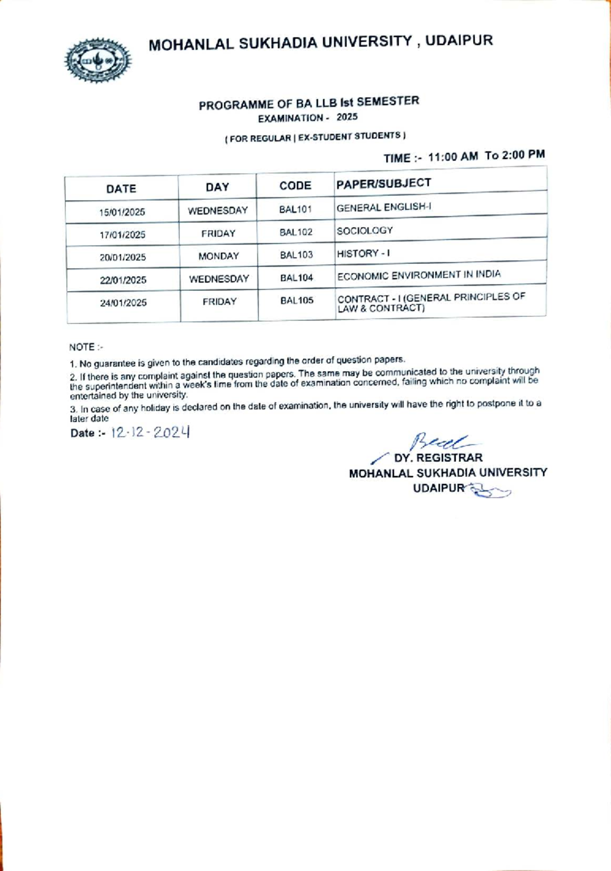 Time Table for BA LLB 1st Sem Exam 2025 (Regular & Ex-Students) - Studocu